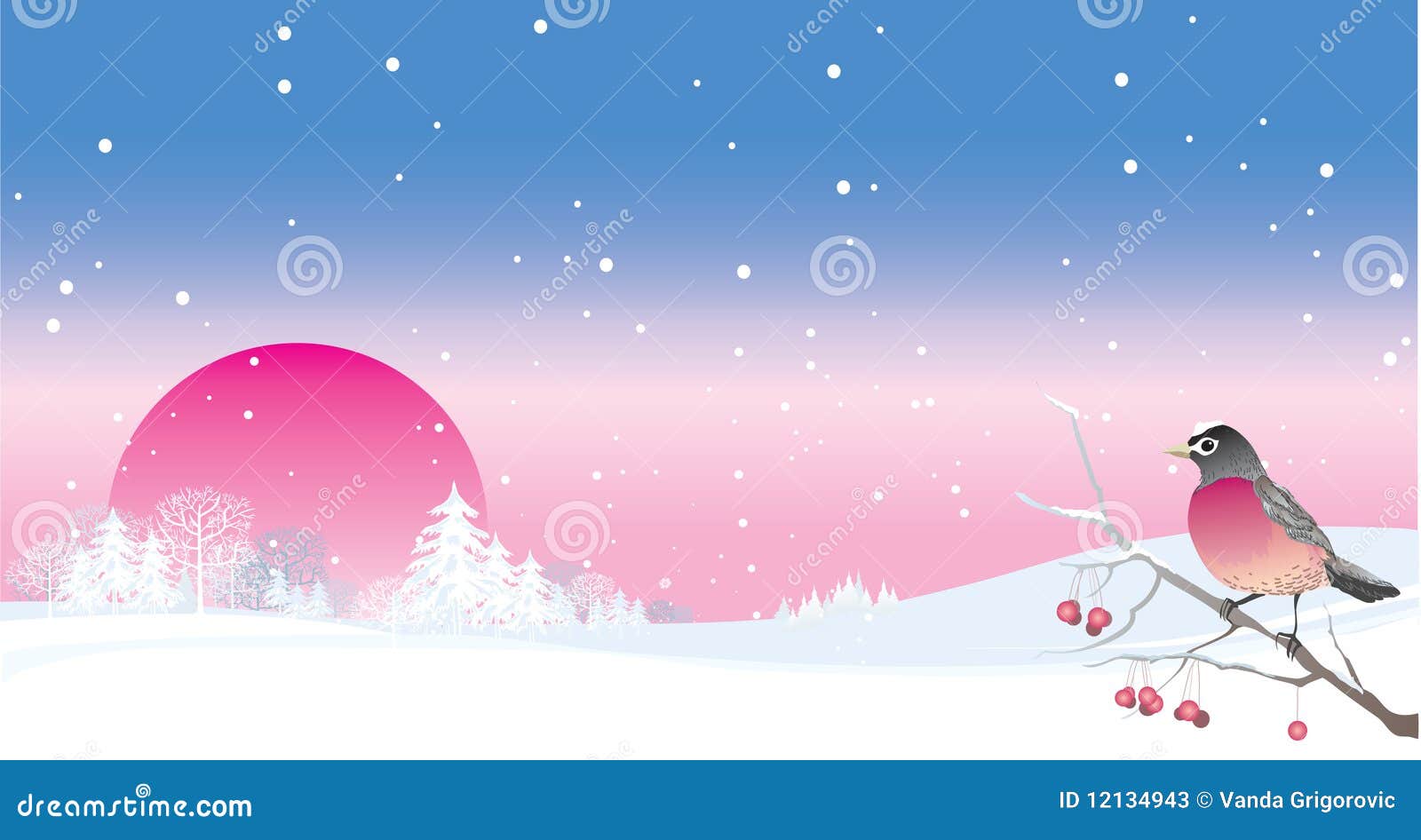 Winter landscape with bird stock vector. Illustration of sunrise - 12134943