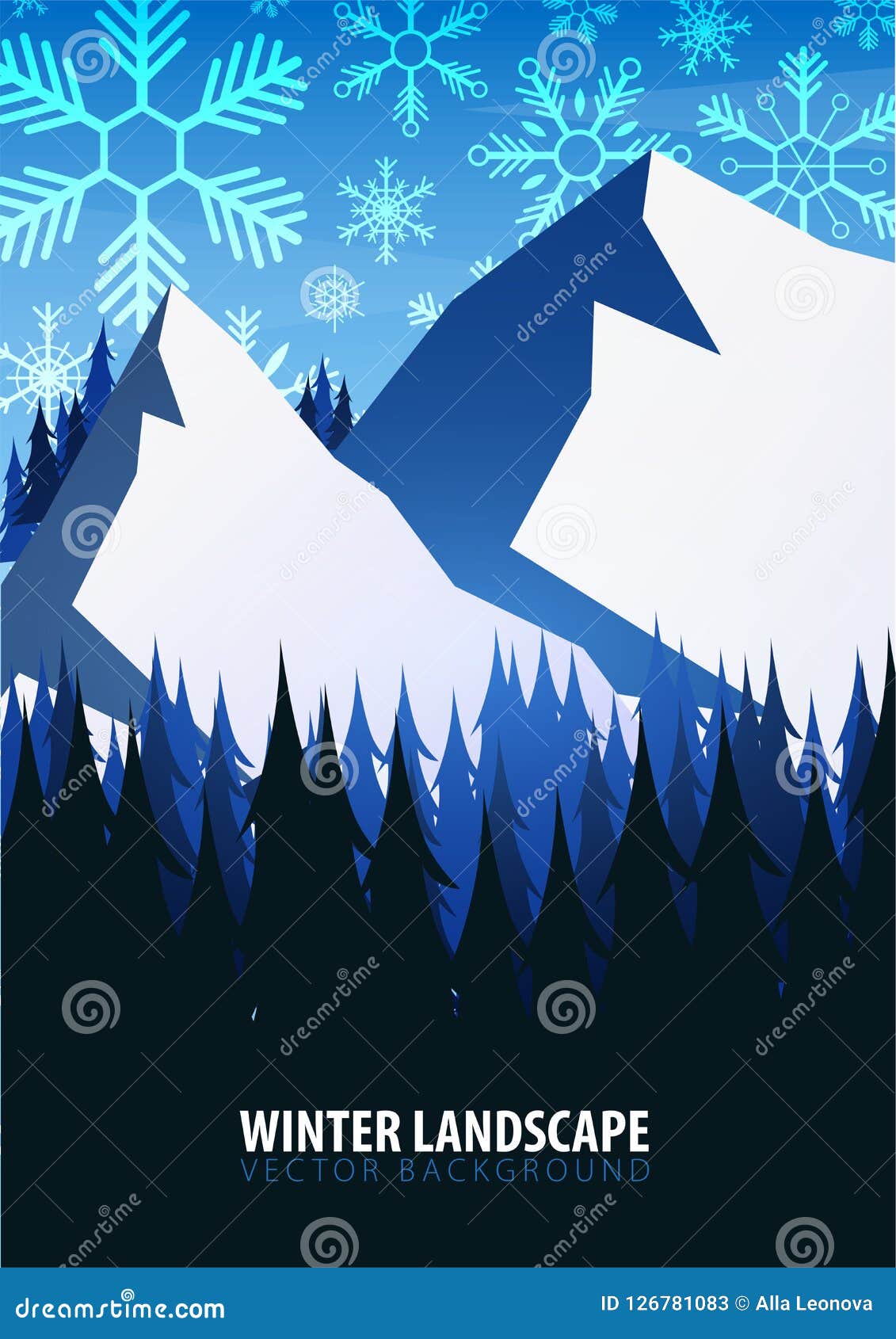 Winter Landscape. Christmas Forest Woods with Mountains. Vector ...