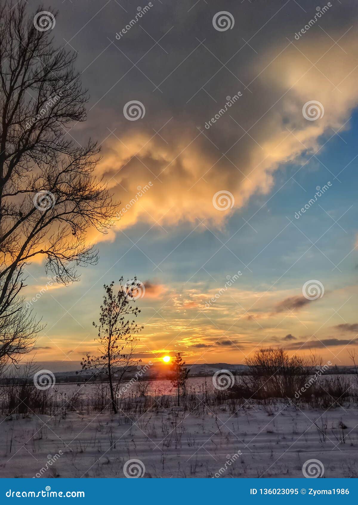 Winter Landscape with Field and Trees during the Sunset Stock Image ...