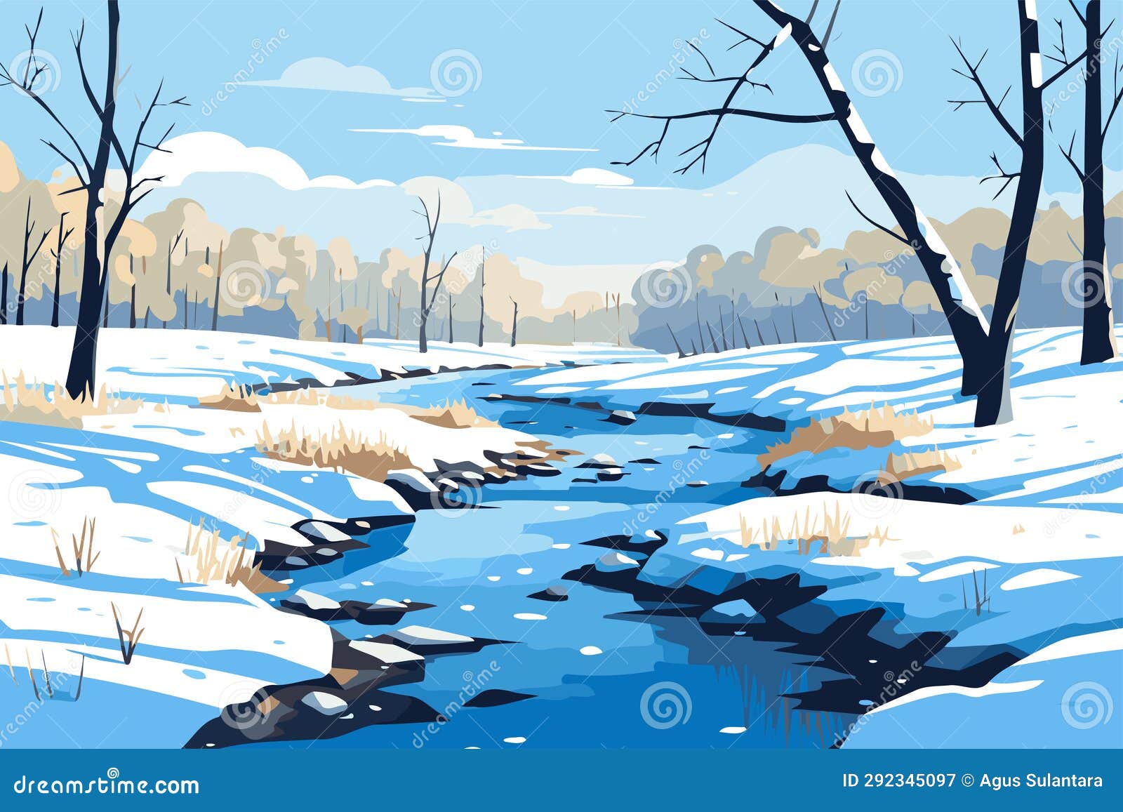 Winter Landscape with a Frozen River and Bare Trees. Vector ...