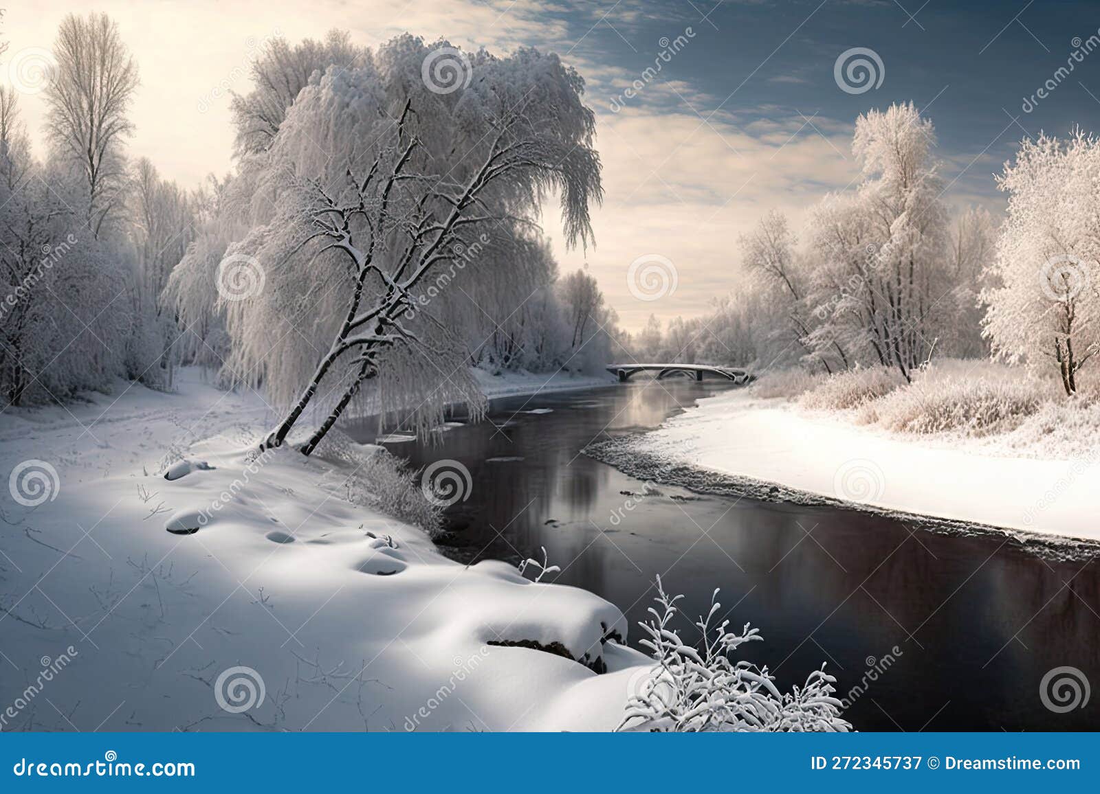 Winter Landscape with Frozen River and Snow-covered Trees Stock ...
