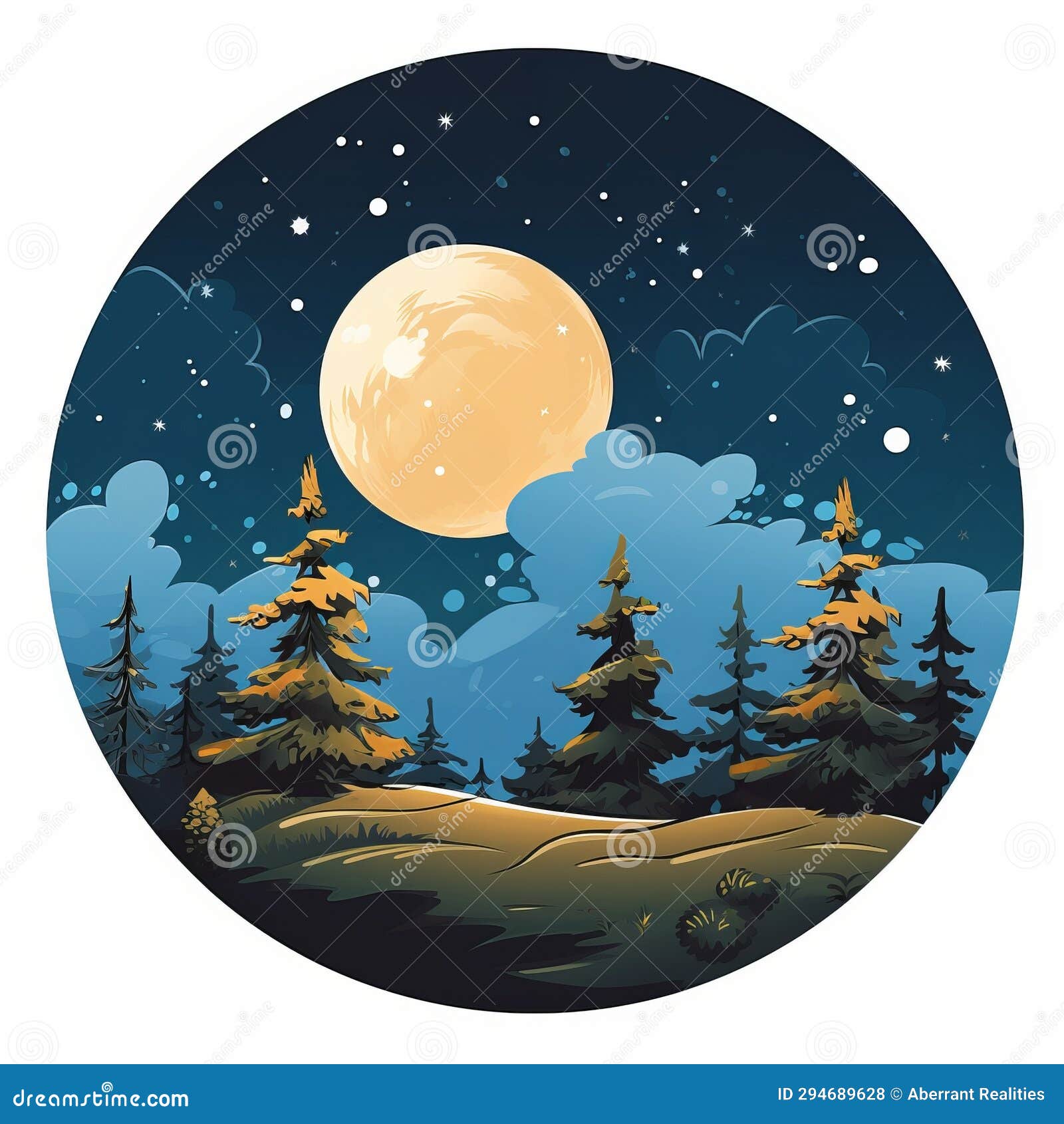 Winter Landscape with Full Moon and Pine Trees Vector Illustration ...
