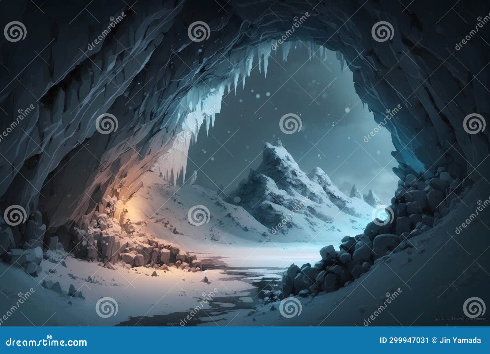 Winter Landscape with Ice Cave and Snowfall, 3d Render Illustration ...