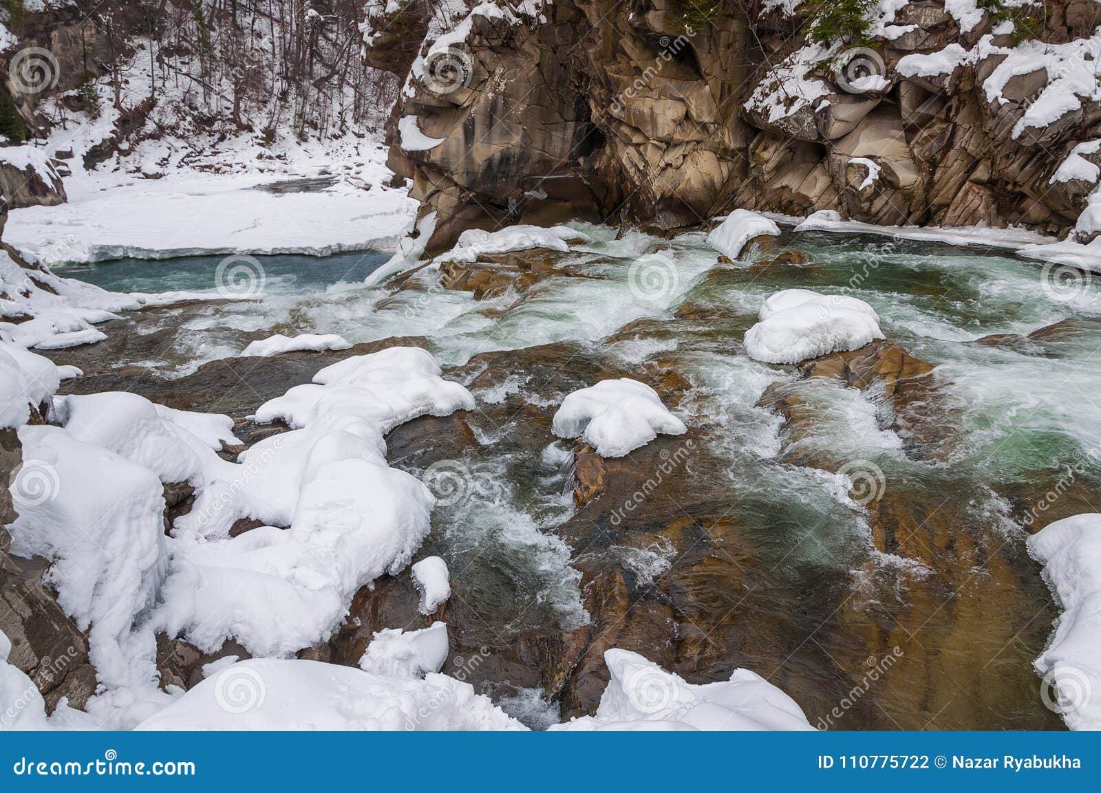 Winter Landscape. Mountain River Flows from the Rocks Stock Photo ...