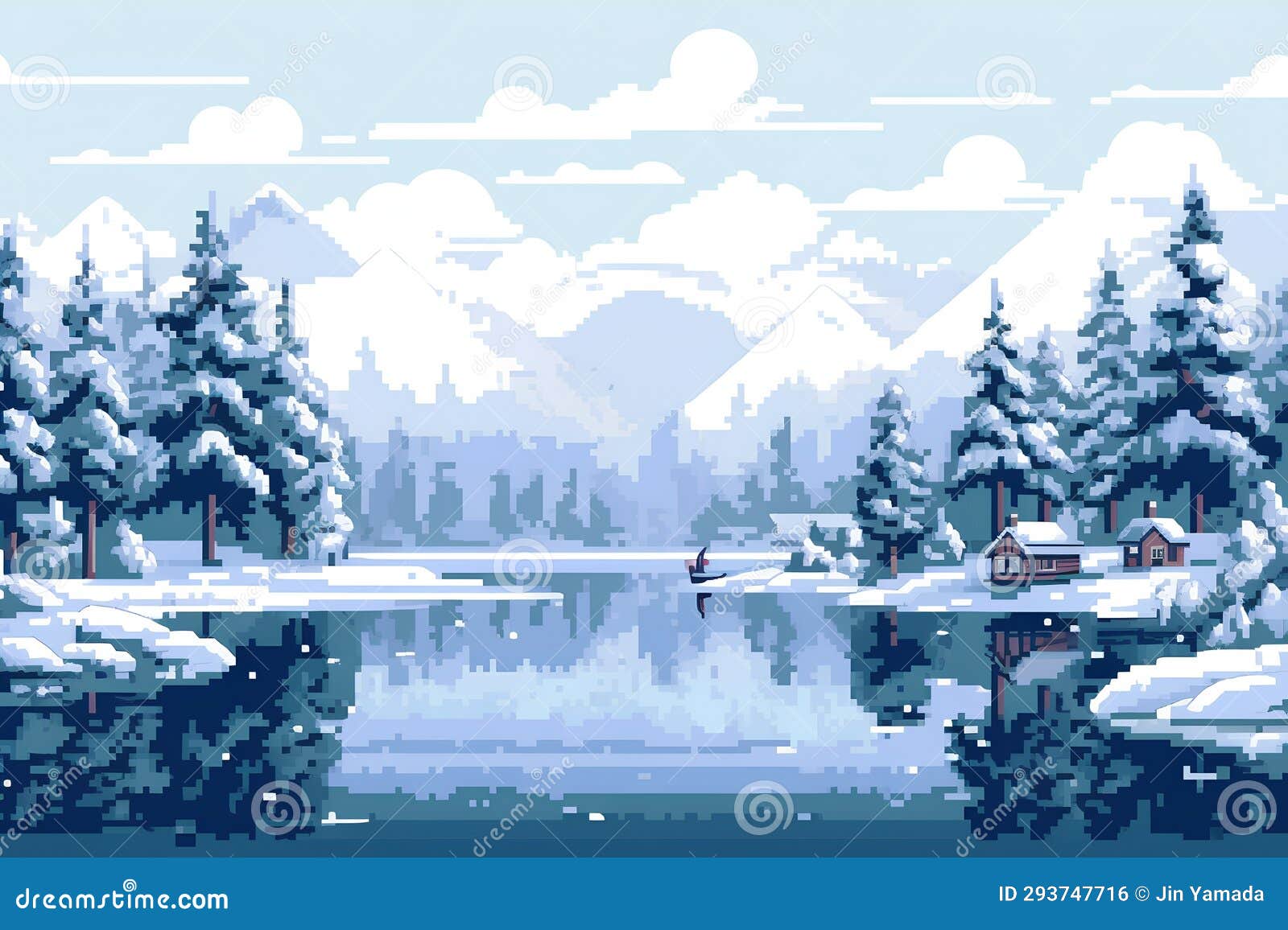 Winter Landscape with Mountains, Lake and Pine Trees. Pixel Art Vector ...