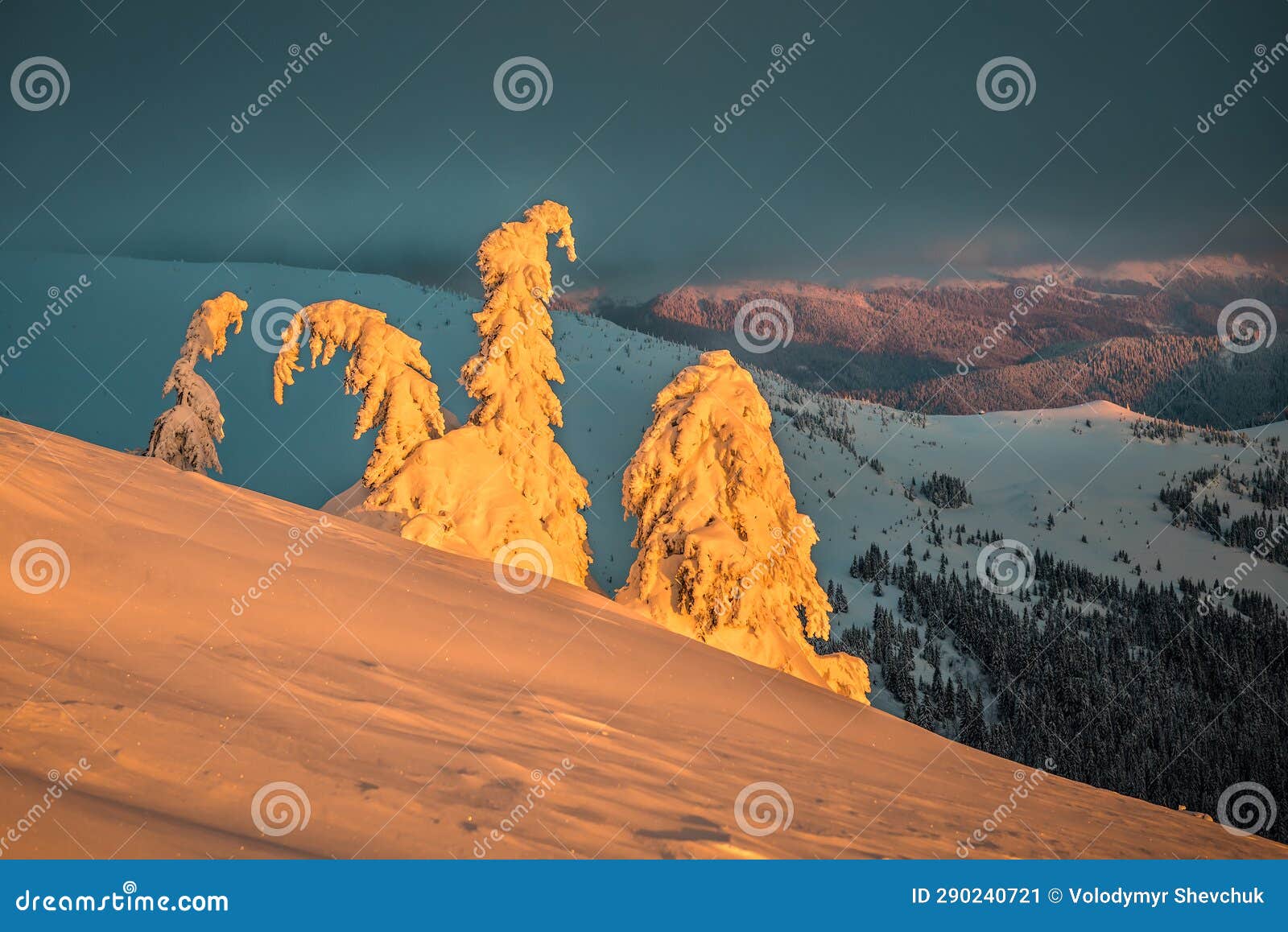 Winter Landscape in Mountains at Sunset, Snow and Trees Stock Image ...