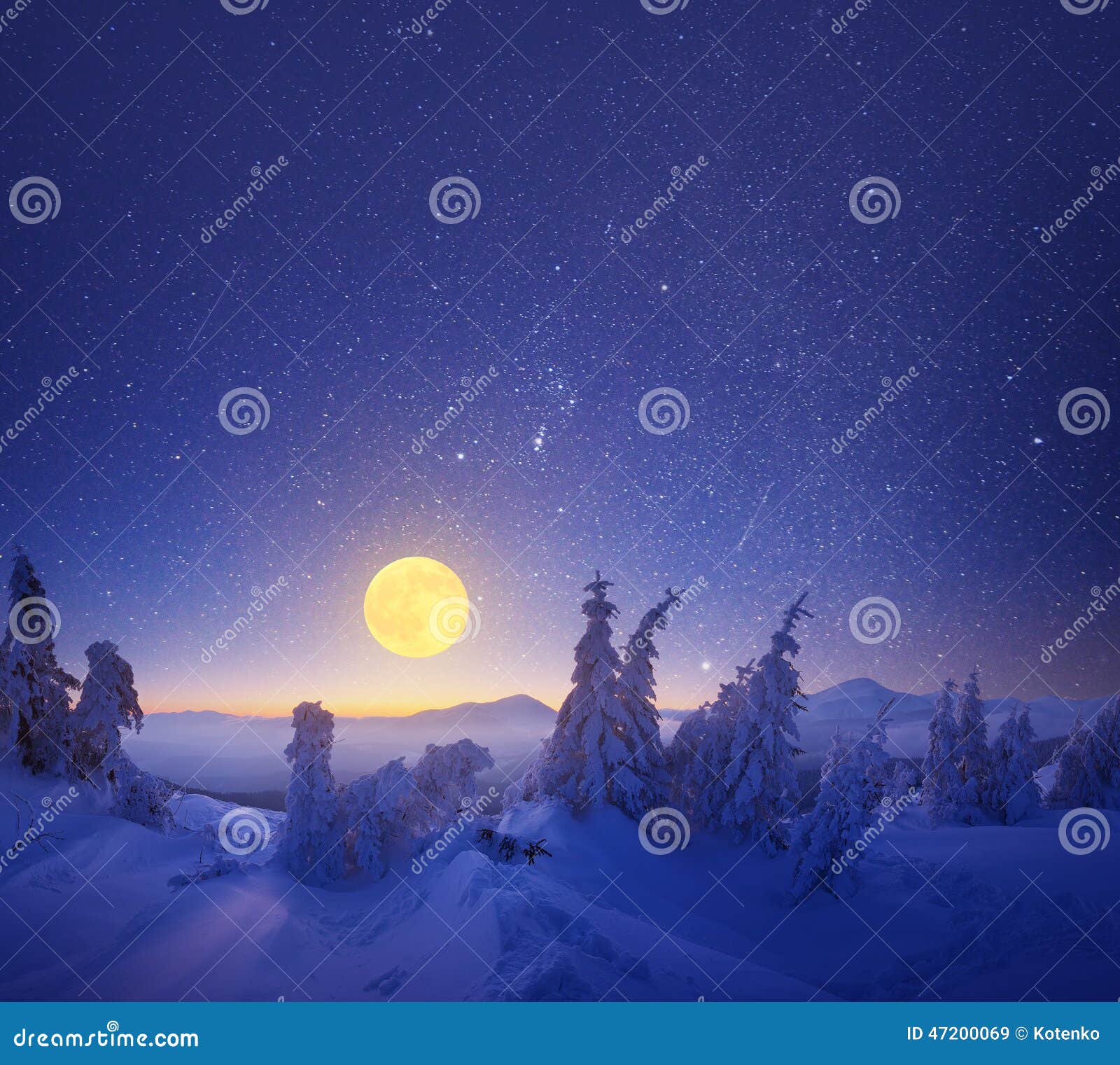 Winter landscape at night stock image. Image of snow - 47200069