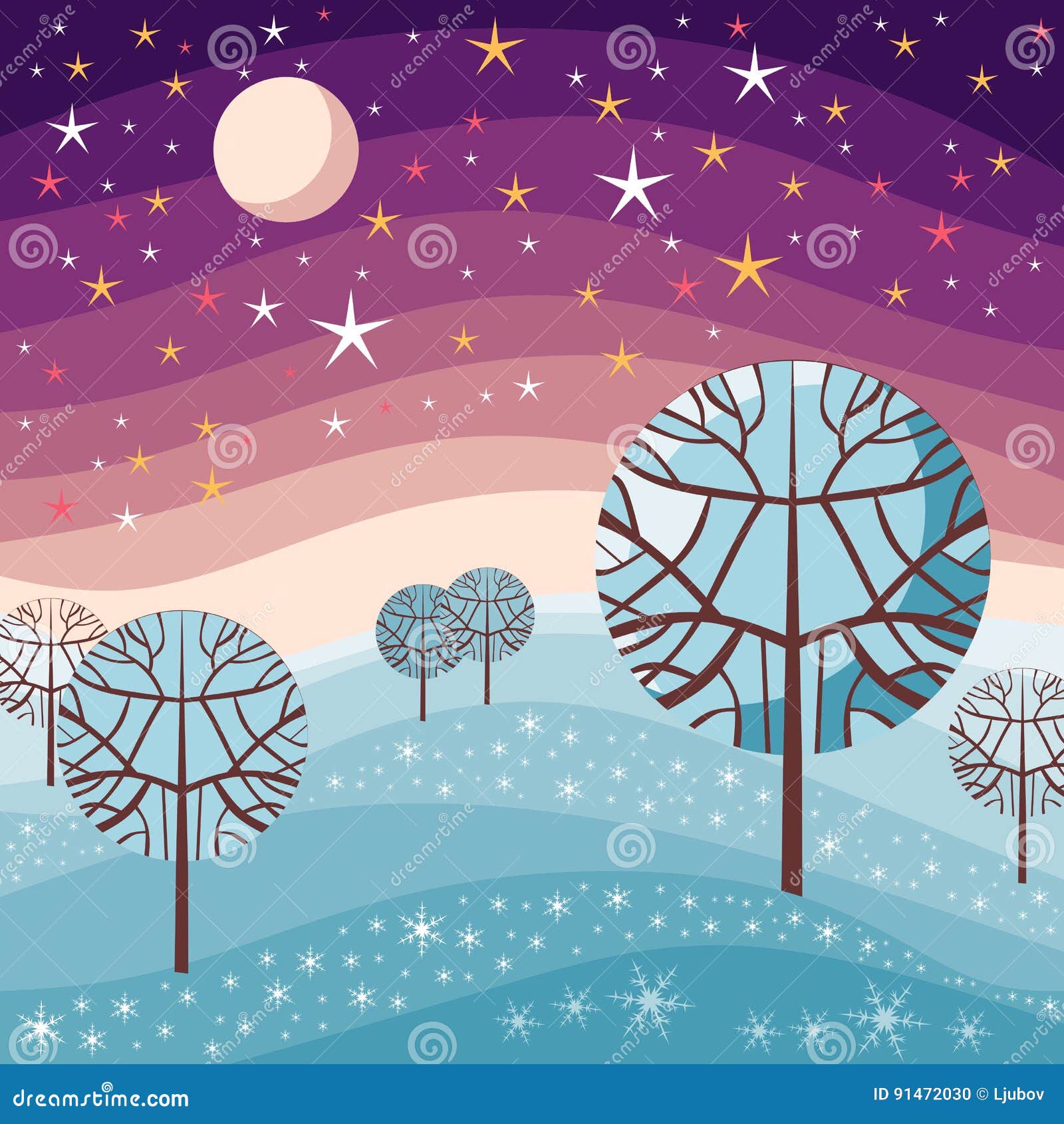 Winter Landscape. Night Scene with Snow, Trees, Starry Sky and Moon ...