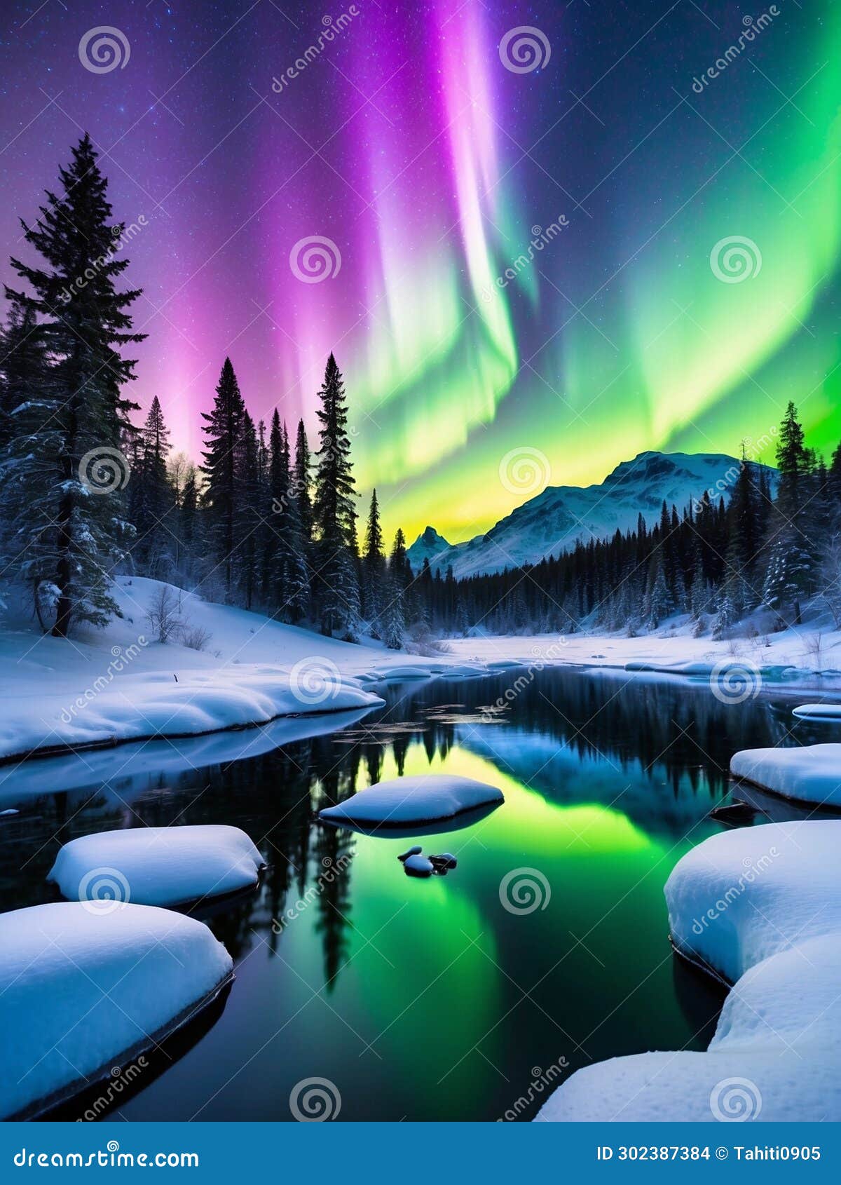 Winter Landscape with Northern Lights at Night Stock Photo - Image of ...
