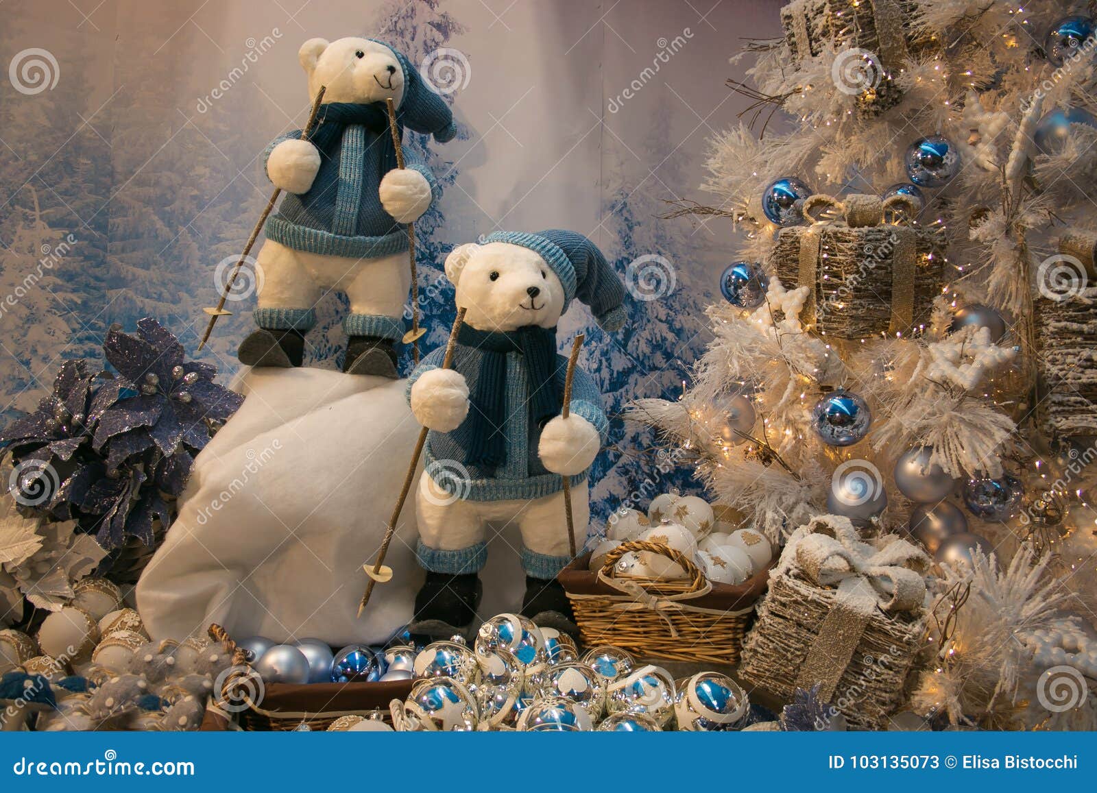 Winter Landscape with Polar Bears Skiing in the Snow and Christmas Tree ...