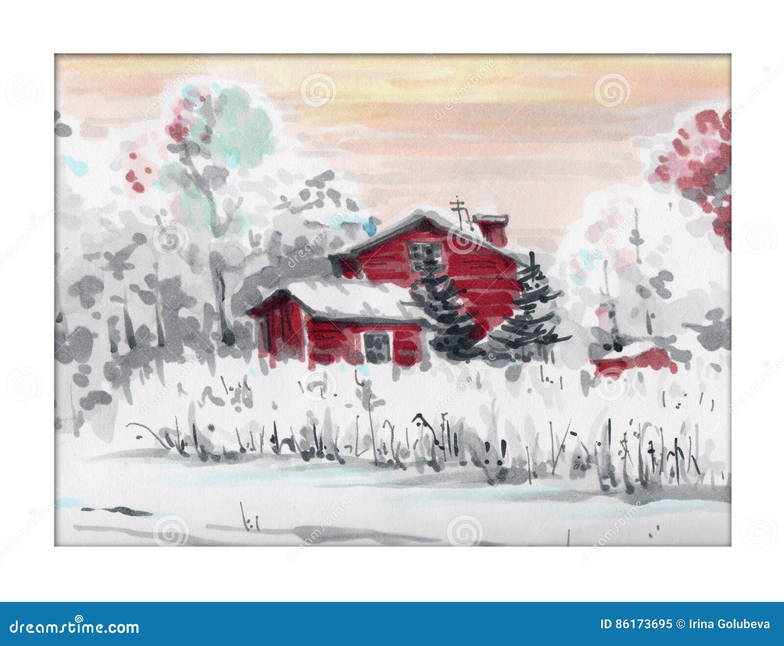 Winter Landscape with Red House Stock Image - Image of painting ...