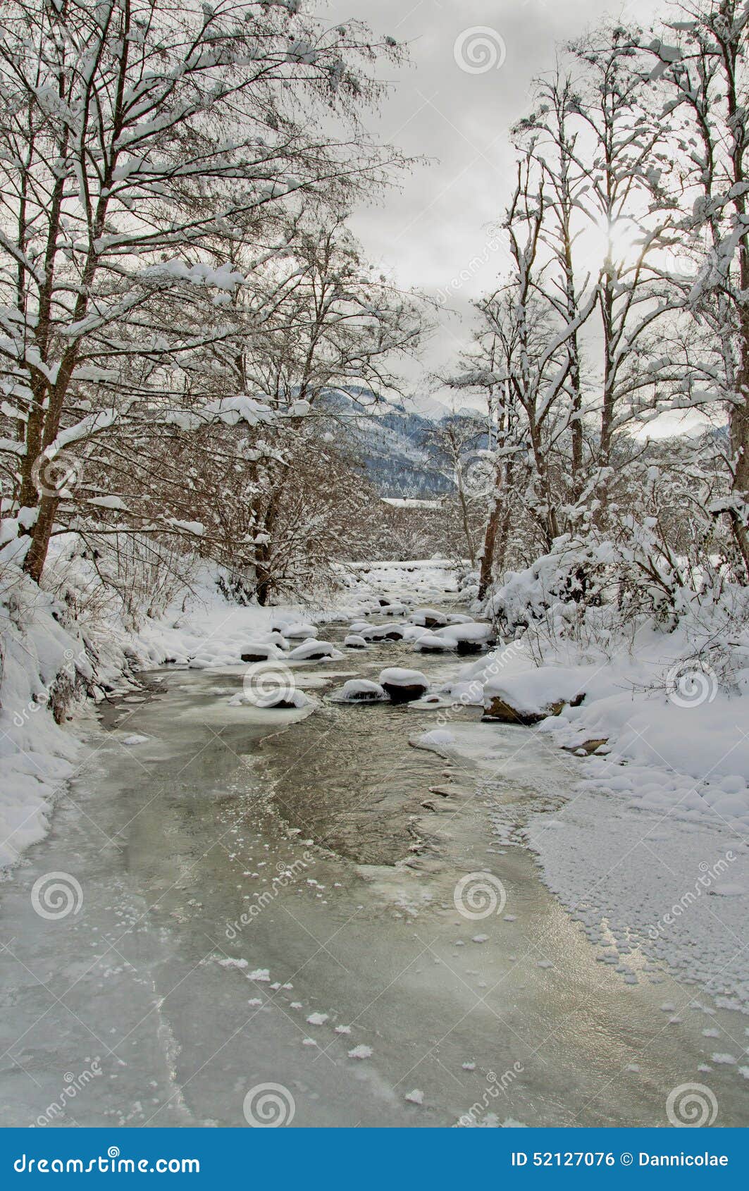 Winter Landscape with a River Covered with Ice in a Cloudy Day Stock ...