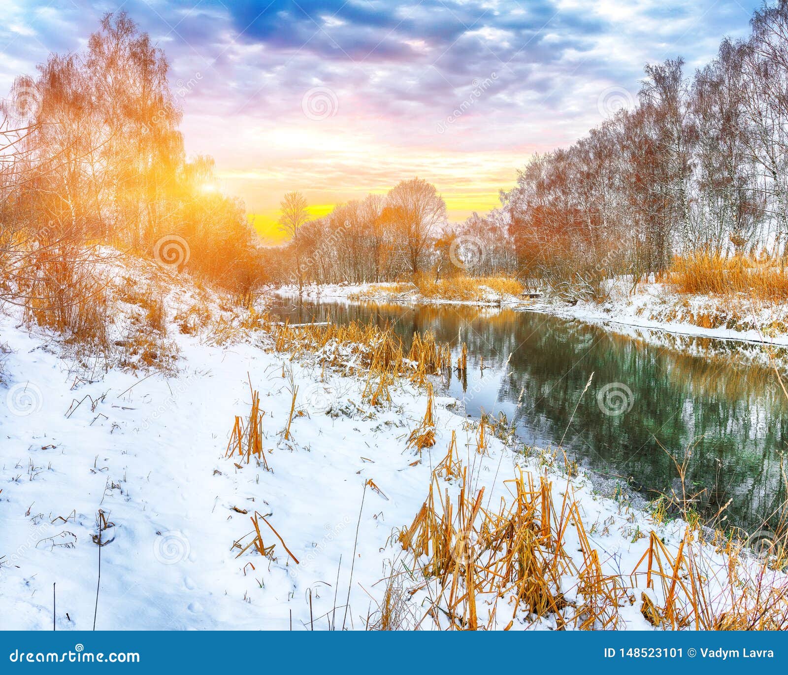 Winter Landscape by a River in the Sunset Stock Image - Image of ...