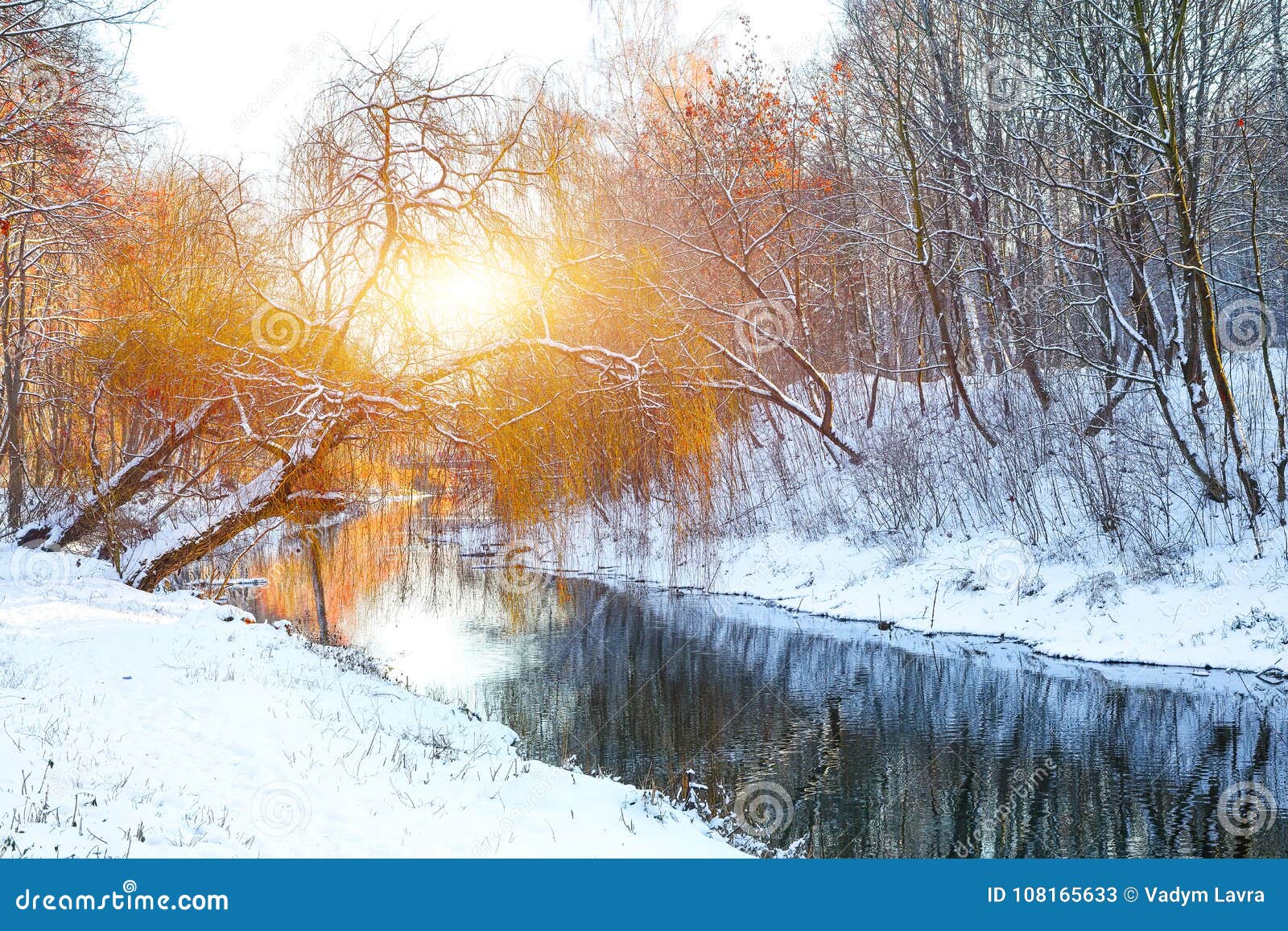 Winter Landscape by a River in the Sunset Stock Image - Image of ...
