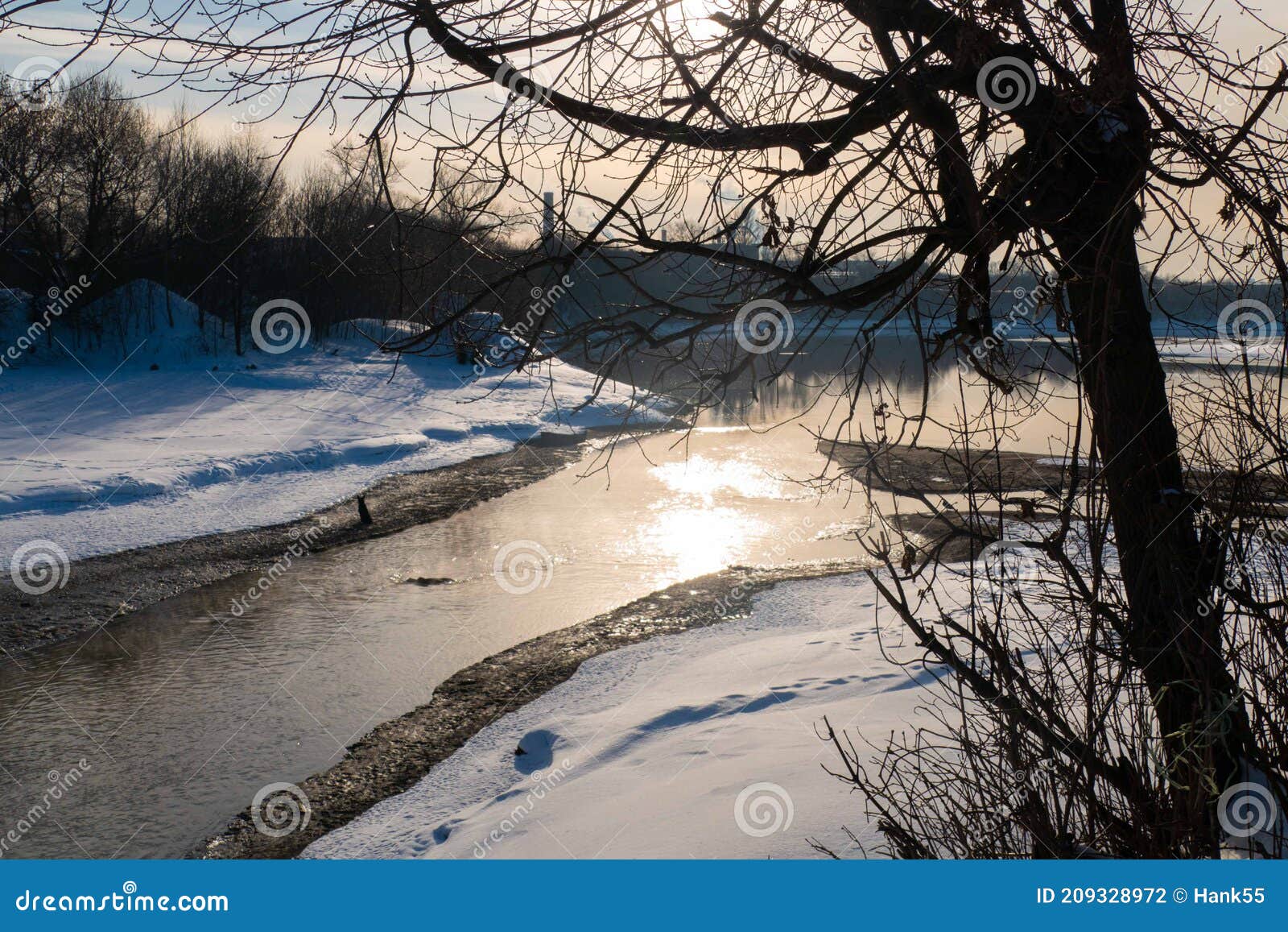 Winter Landscape with River, Tree and Sun Stock Photo - Image of snow ...