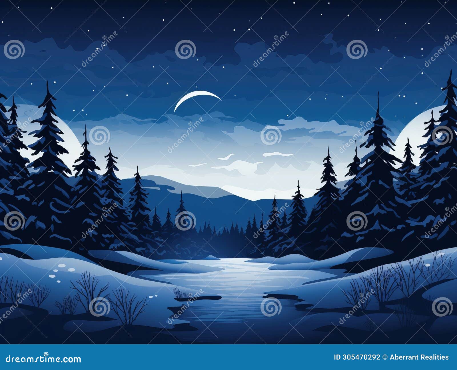 Winter Landscape with River and Trees at Night Stock Illustration ...