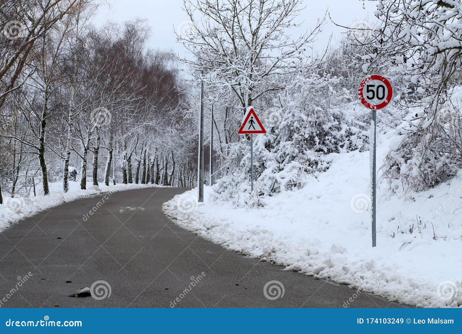 Winter Landscape with Road and Road Signs Stock Image - Image of ...