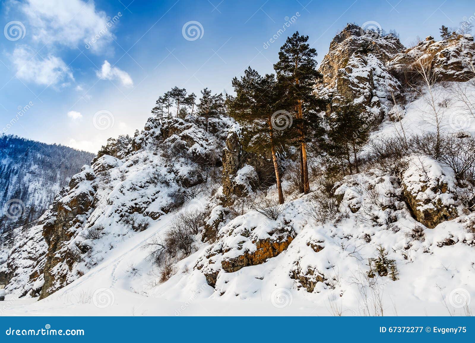 Winter landscape, rock top stock image. Image of pine - 67372277