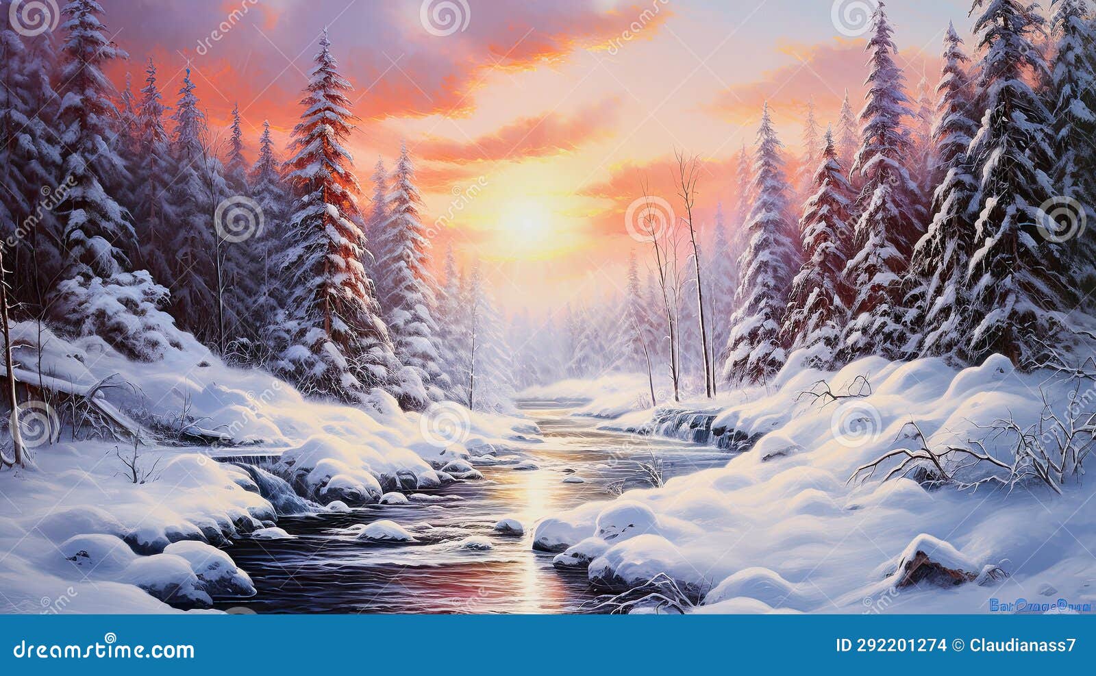 Winter Landscape with a Small River at Sunset Stock Photo - Image of ...