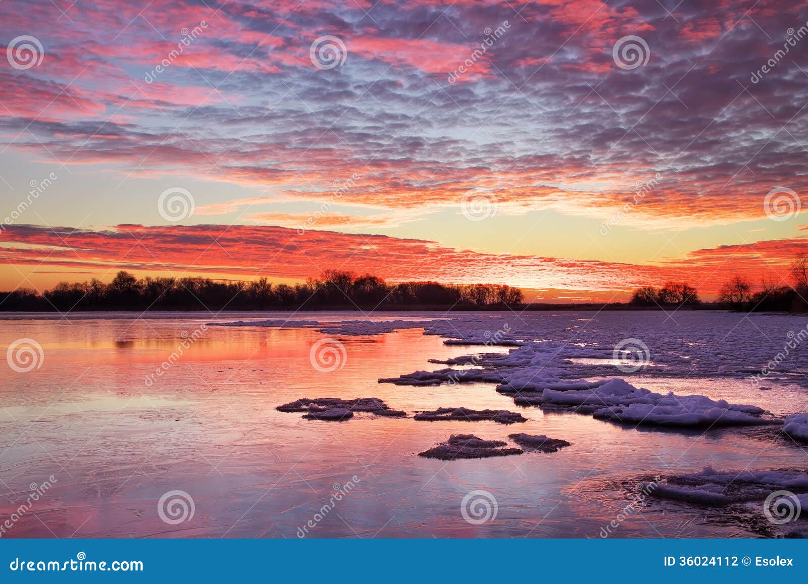 Winter Landscape with Sunset Fiery Sky. Stock Photo - Image of cold ...