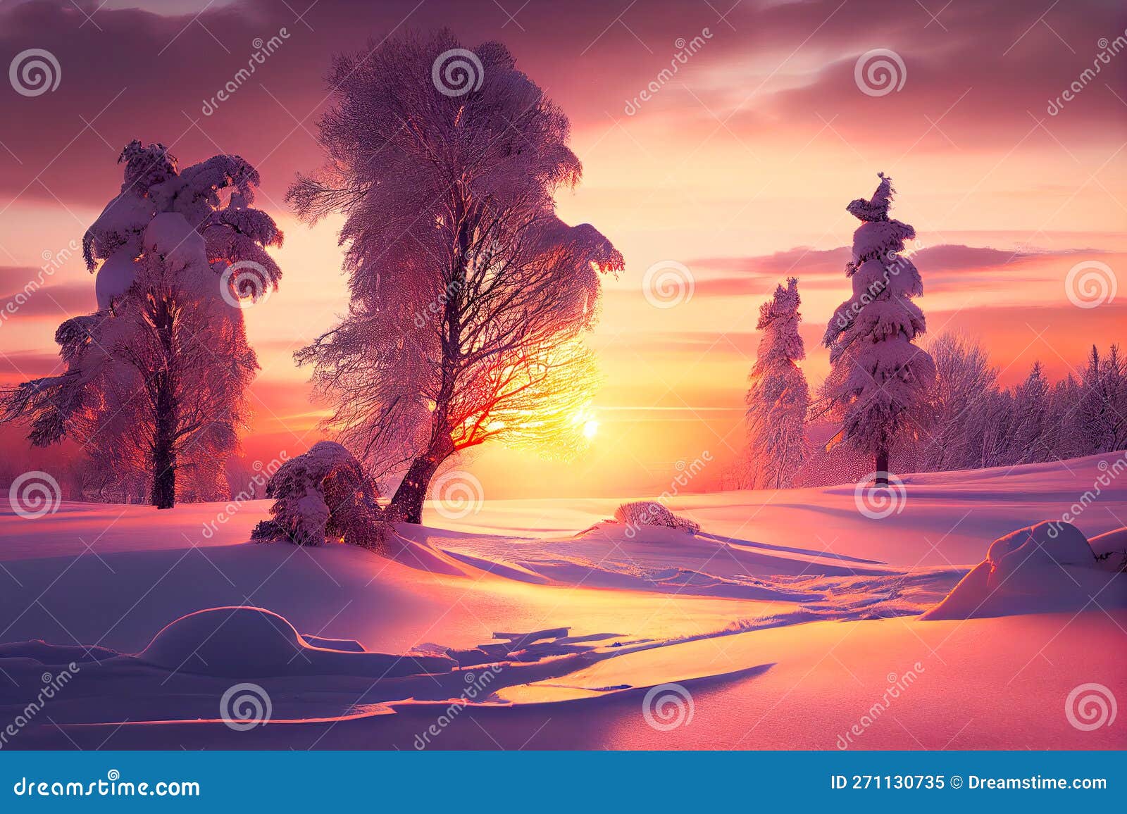 Winter Landscape Sunset Over Snow Covered Trees. Generative AI ...