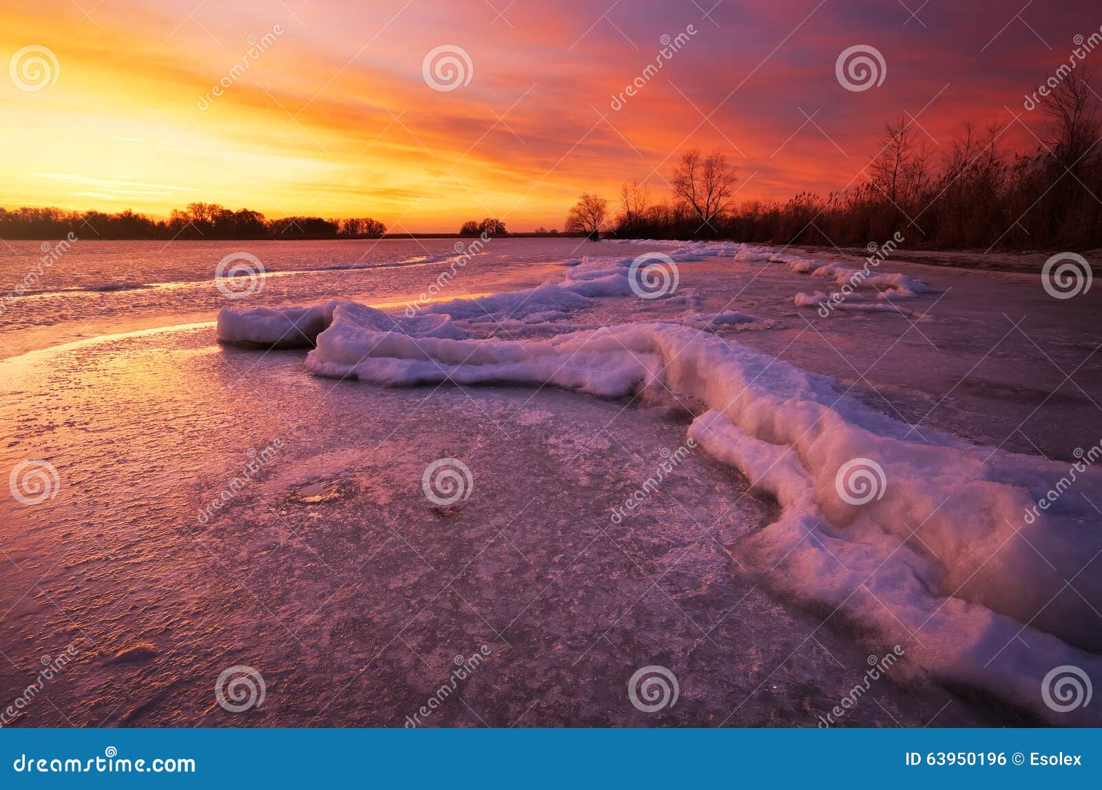 Winter Landscape with Sunset Sky. Stock Photo - Image of frost, coast ...