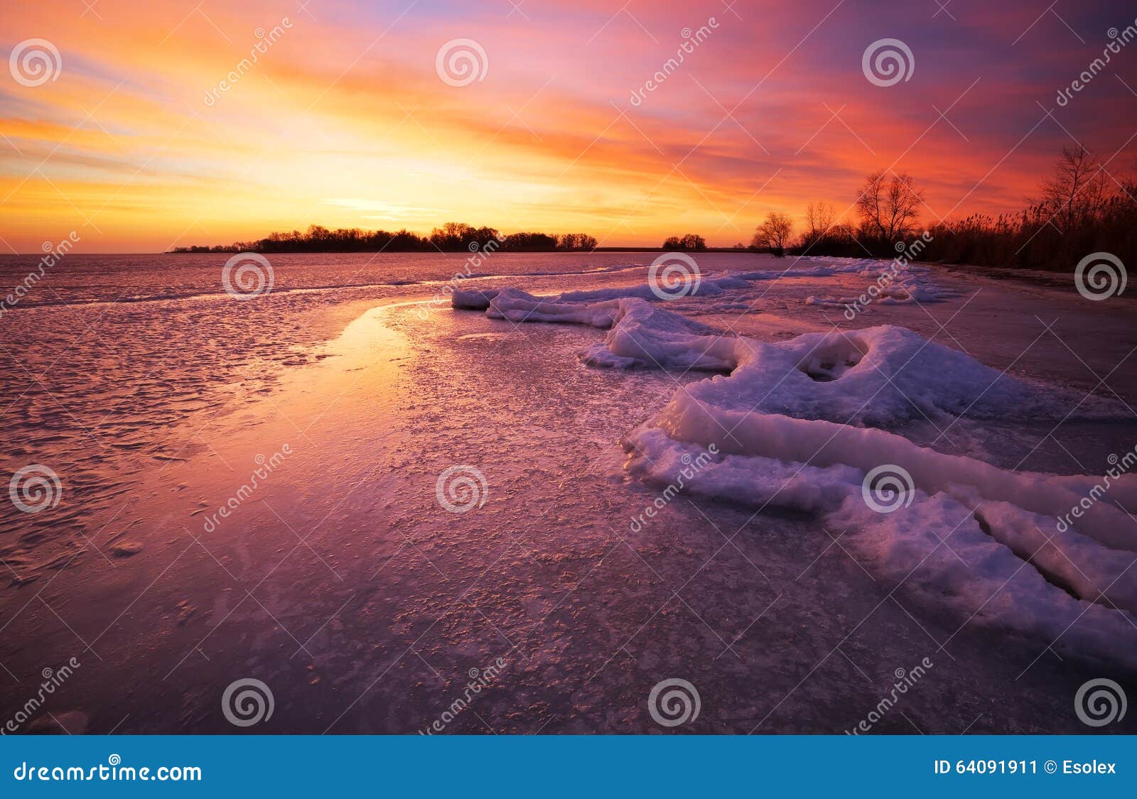 Winter Landscape with Sunset Sky. Stock Image - Image of clouds, coast ...