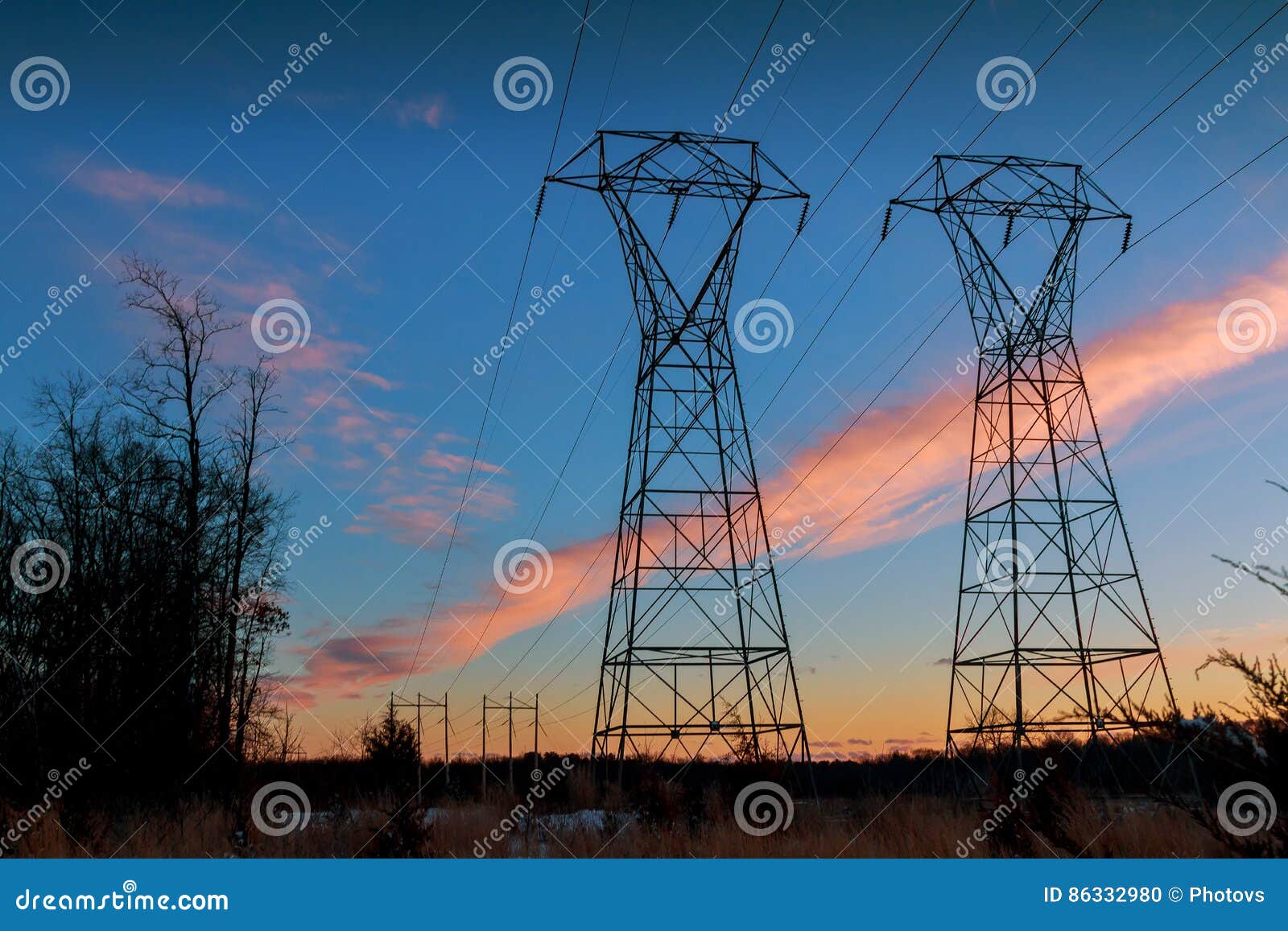 Winter Landscape Transmission Line on of Bright Red Sunset Stock Photo ...