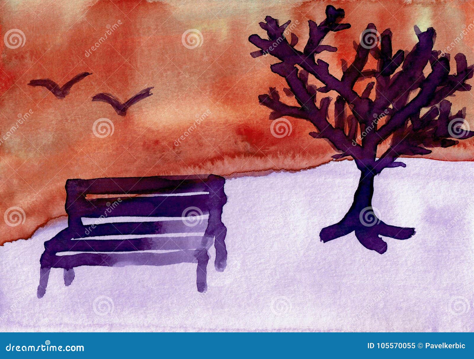 Winter Landscape with a Tree and a Bench in a Sunset Stock Vector ...