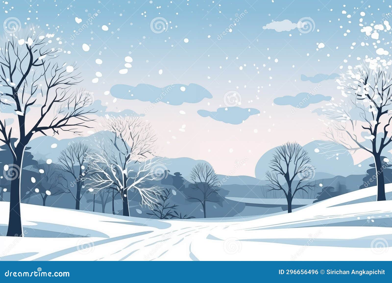 Winter Landscape with Trees with No Leaves and Winter Sky with Falling ...