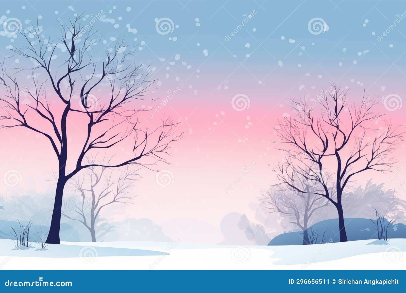 Winter Landscape with Trees with No Leaves and Winter Sky with Falling ...