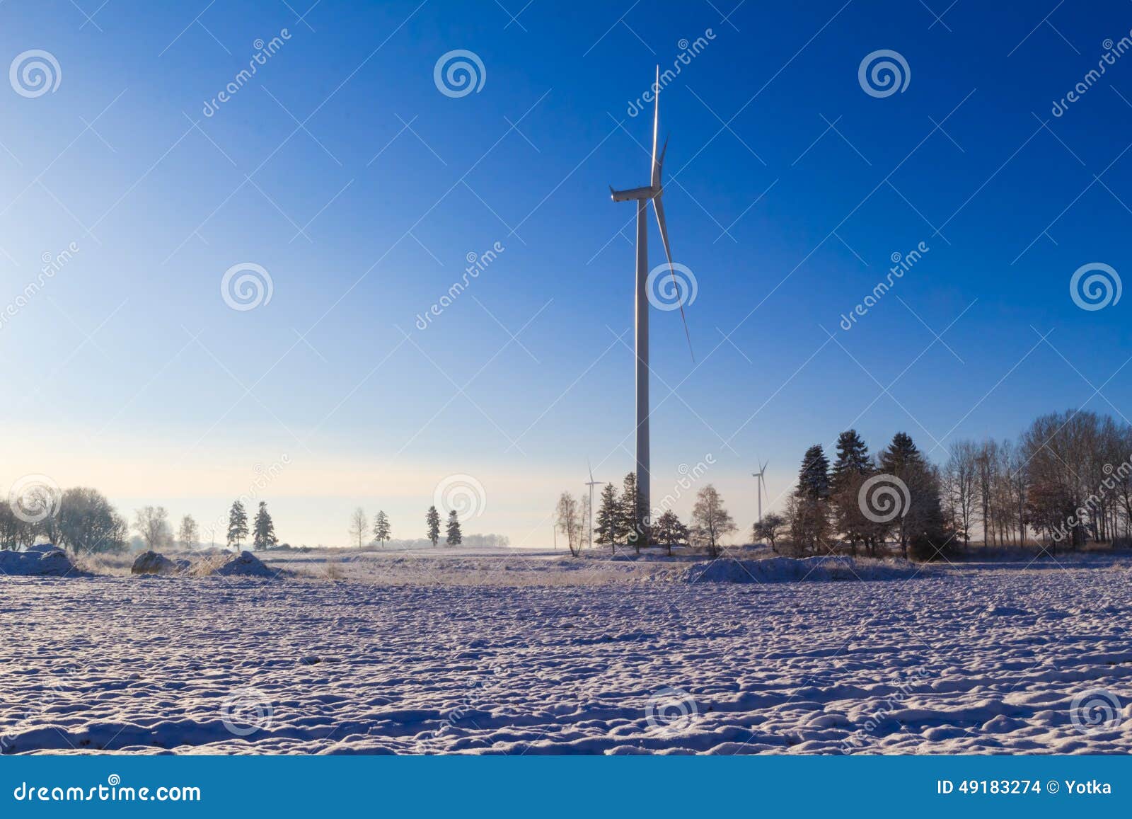Winter Landscape Trees Snow Covered Fields Windmills Stock Photo ...