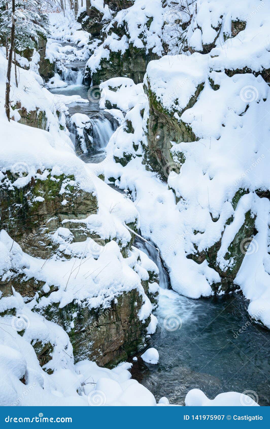 Winter Landscape with a Waterfall among the Rocks. Stock Image - Image ...