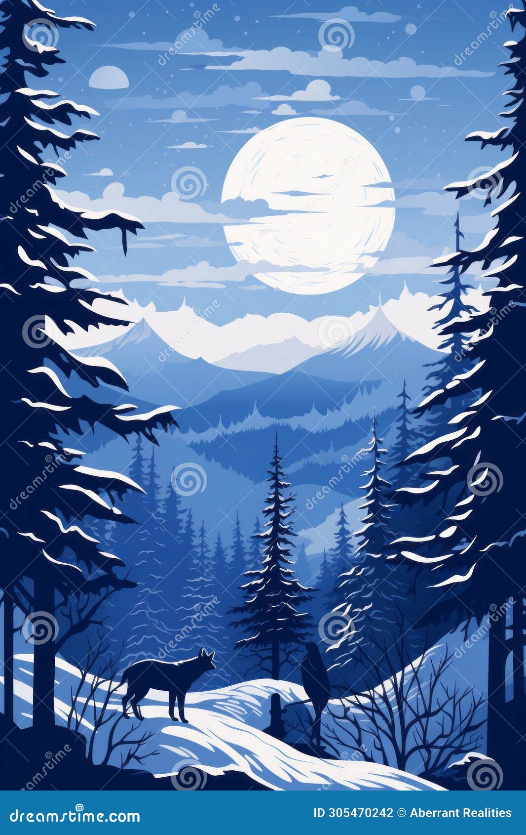 Winter Landscape with a Wolf and Pine Trees at Night Stock Illustration ...