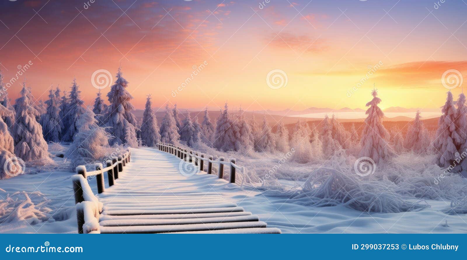 Winter Landscape with Wooden Path at Sunset. Winter Nature Background ...