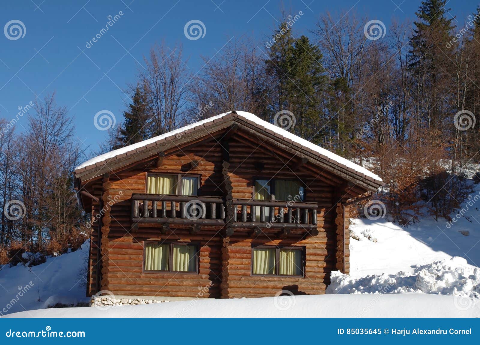 Winter Log Cabin stock image. Image of construction, blue - 85035645