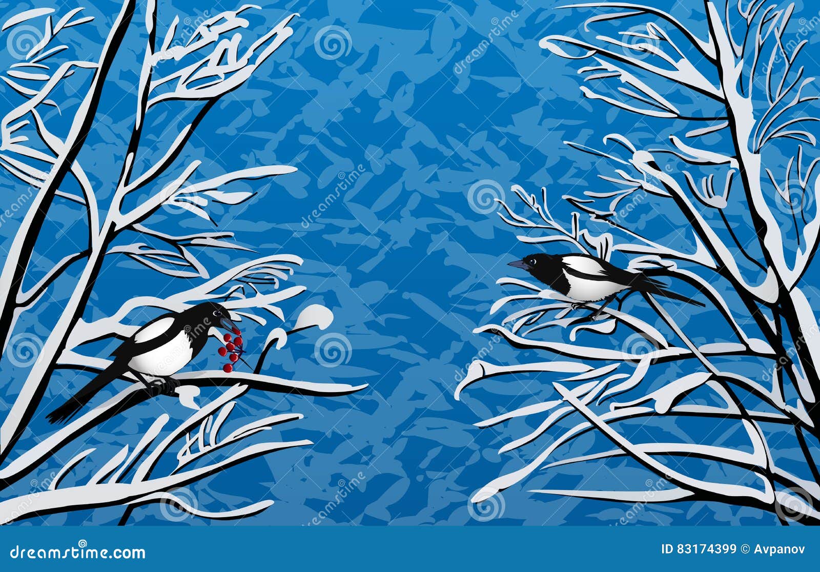 Winter Magpie on the Branches Stock Vector - Illustration of snow, tree ...