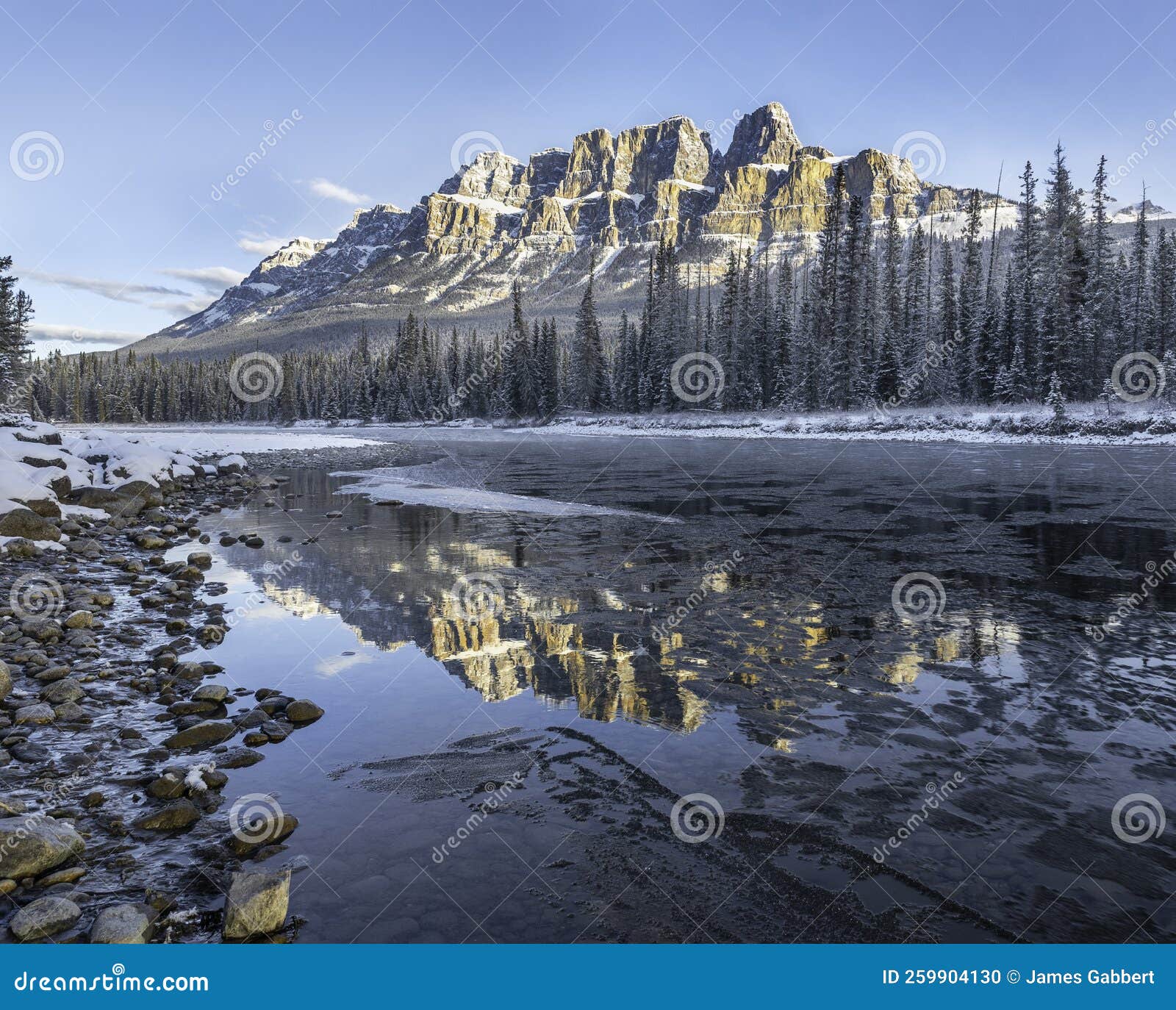 Winter Mountain Reflections in a River Stock Photo - Image of morning ...