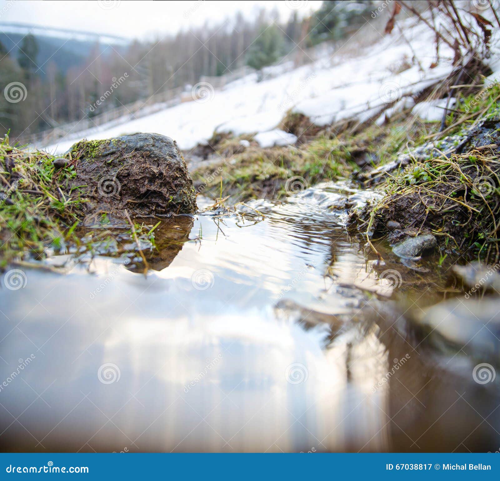 Winter at Mountain River. Reflections of Clouds in Water Level. Stock ...