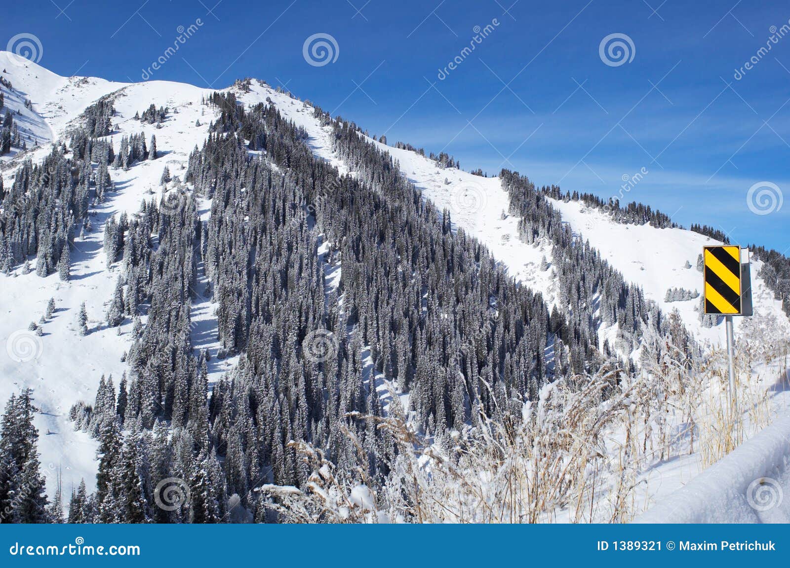 Winter Mountain And Road Sign Picture. Image: 1389321