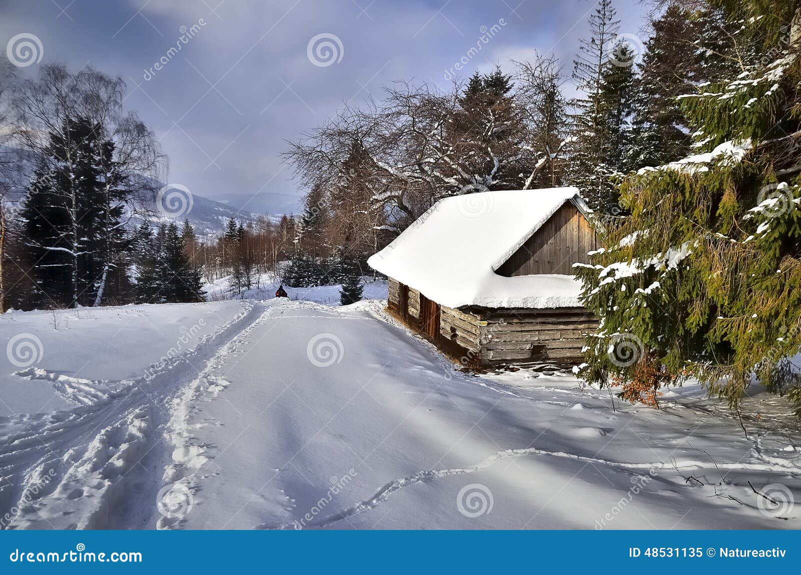 Hut in winter mountains stock image. Image of valley - 48531135