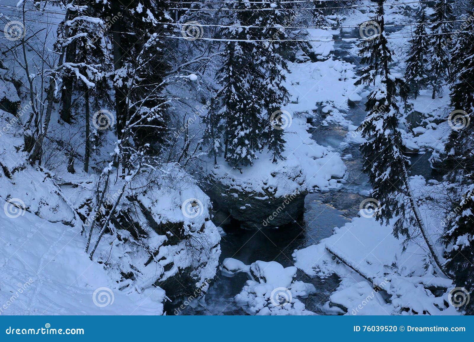 Winter Mountains, Snow, River, Stones, Forest, Pine Stock Photo - Image ...