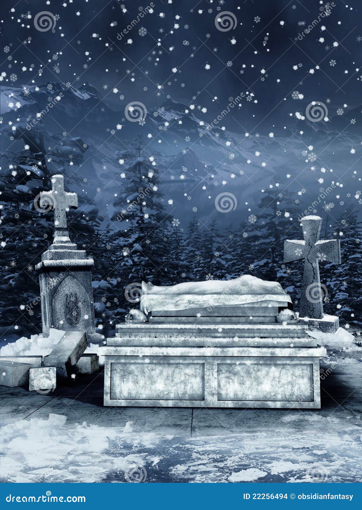 Winter night at a cemetery stock illustration. Illustration of tomb ...