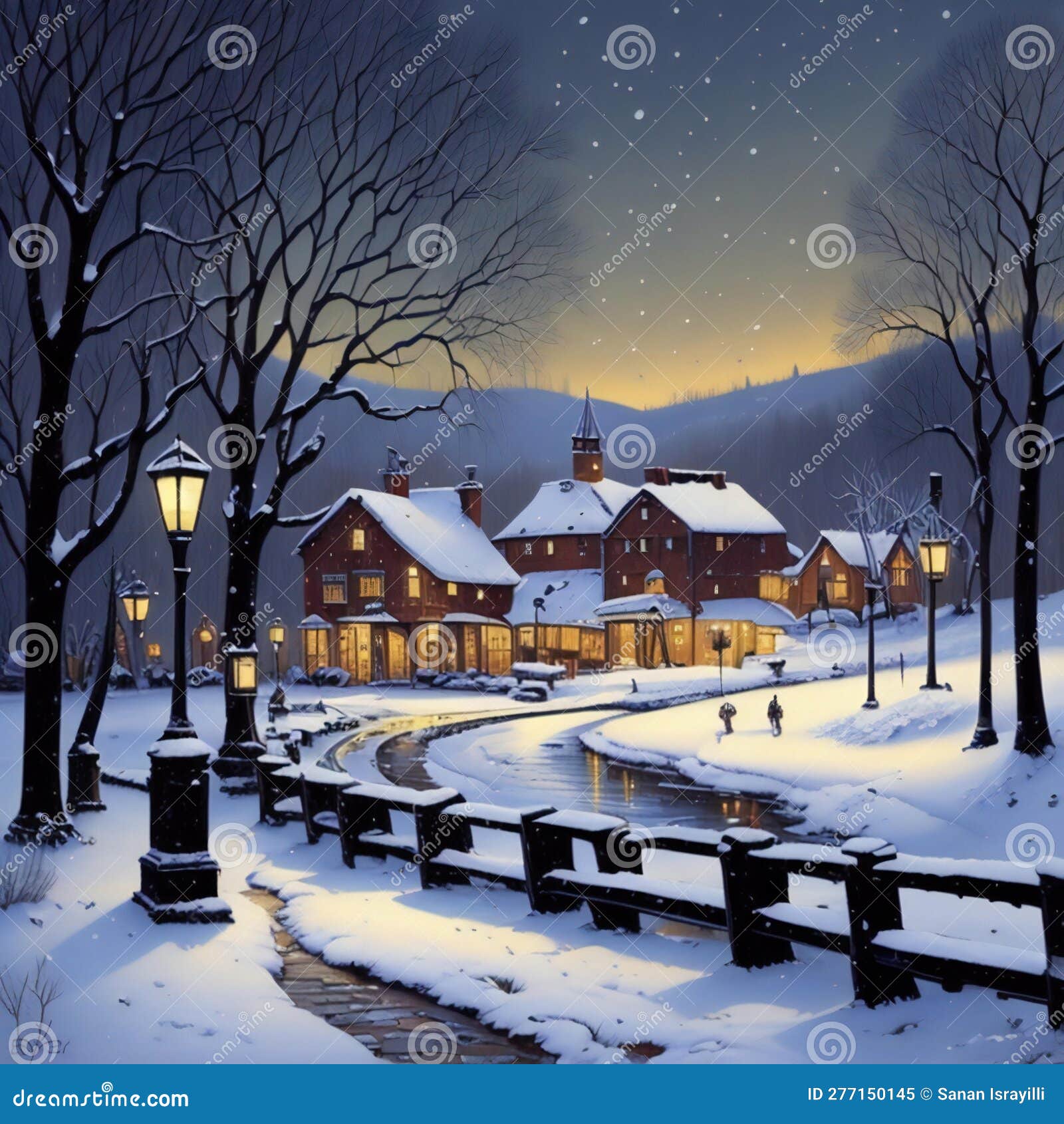 Winter Night in the Old Town. Winter Landscape with a Full Moon Stock ...