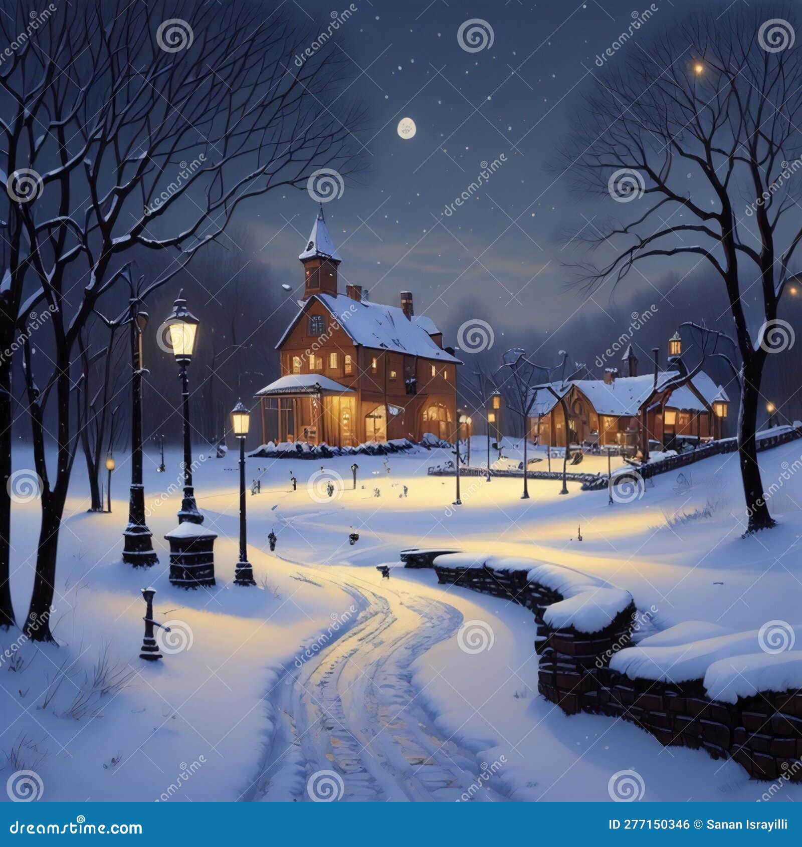 Winter Night in the Old Town. Winter Landscape with a Full Moon Stock ...