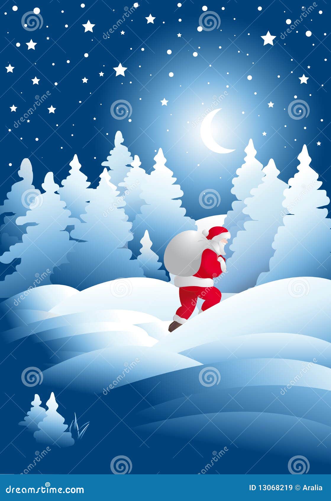 Winter Night with Santa Claus Stock Illustration - Illustration of moon ...