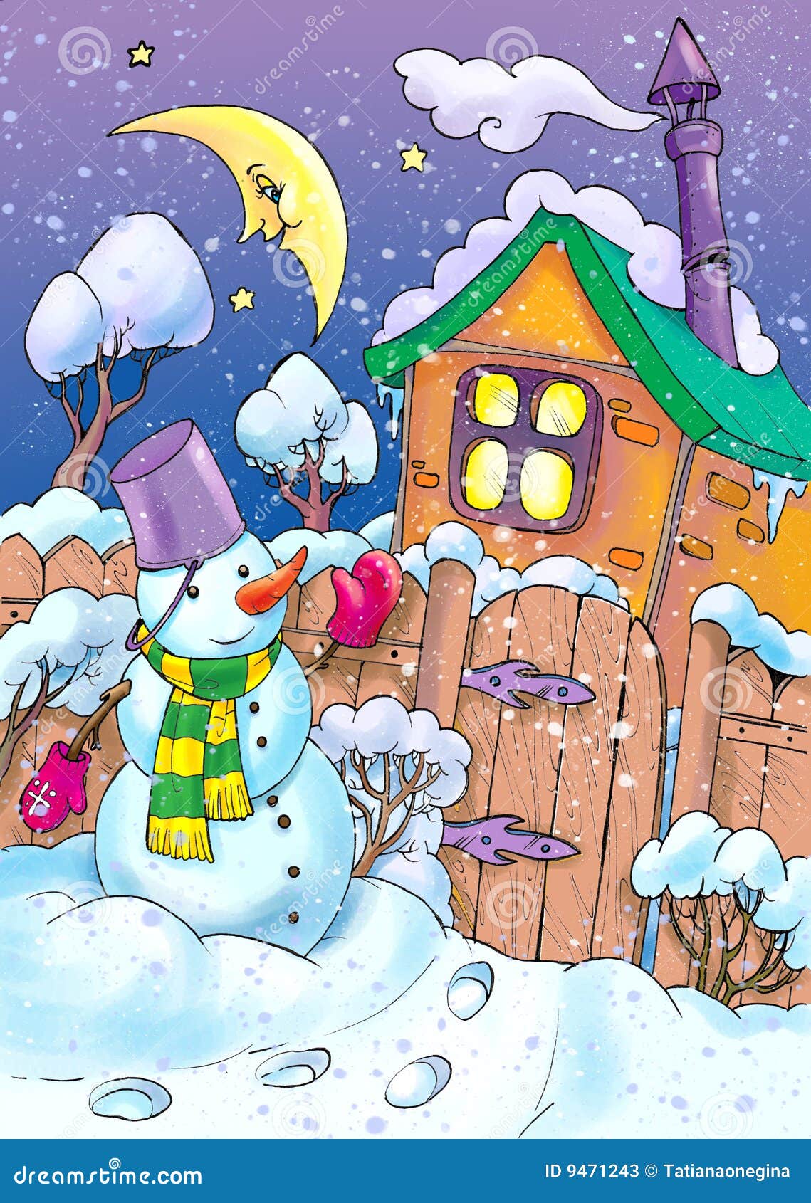 Winter night and snowman. stock illustration. Illustration of beautiful ...