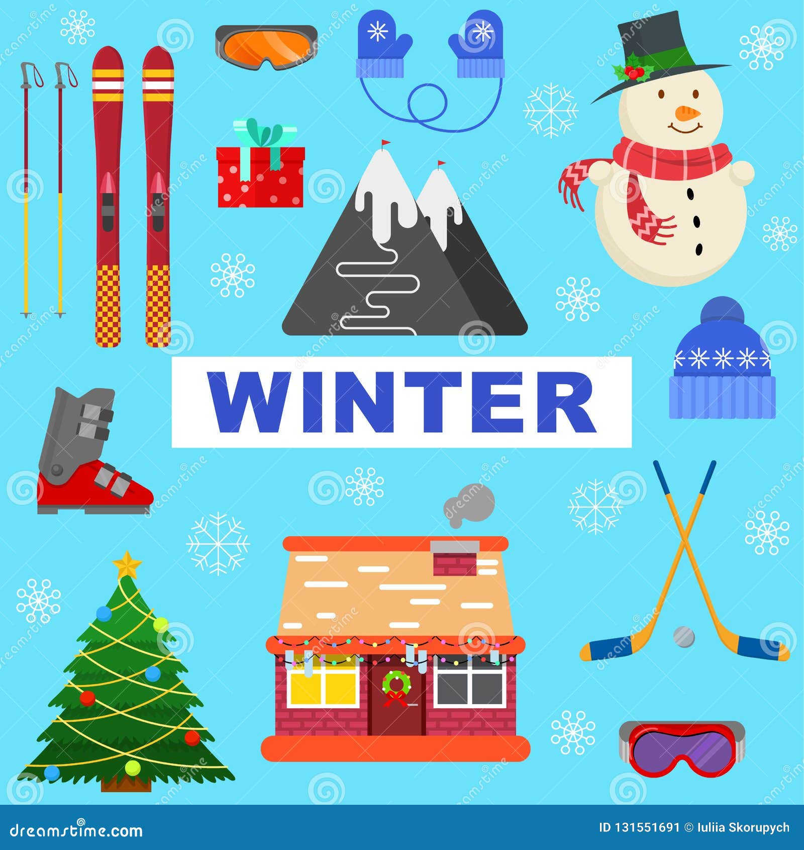 Winter Objects on Blue Background Stock Vector - Illustration of ...