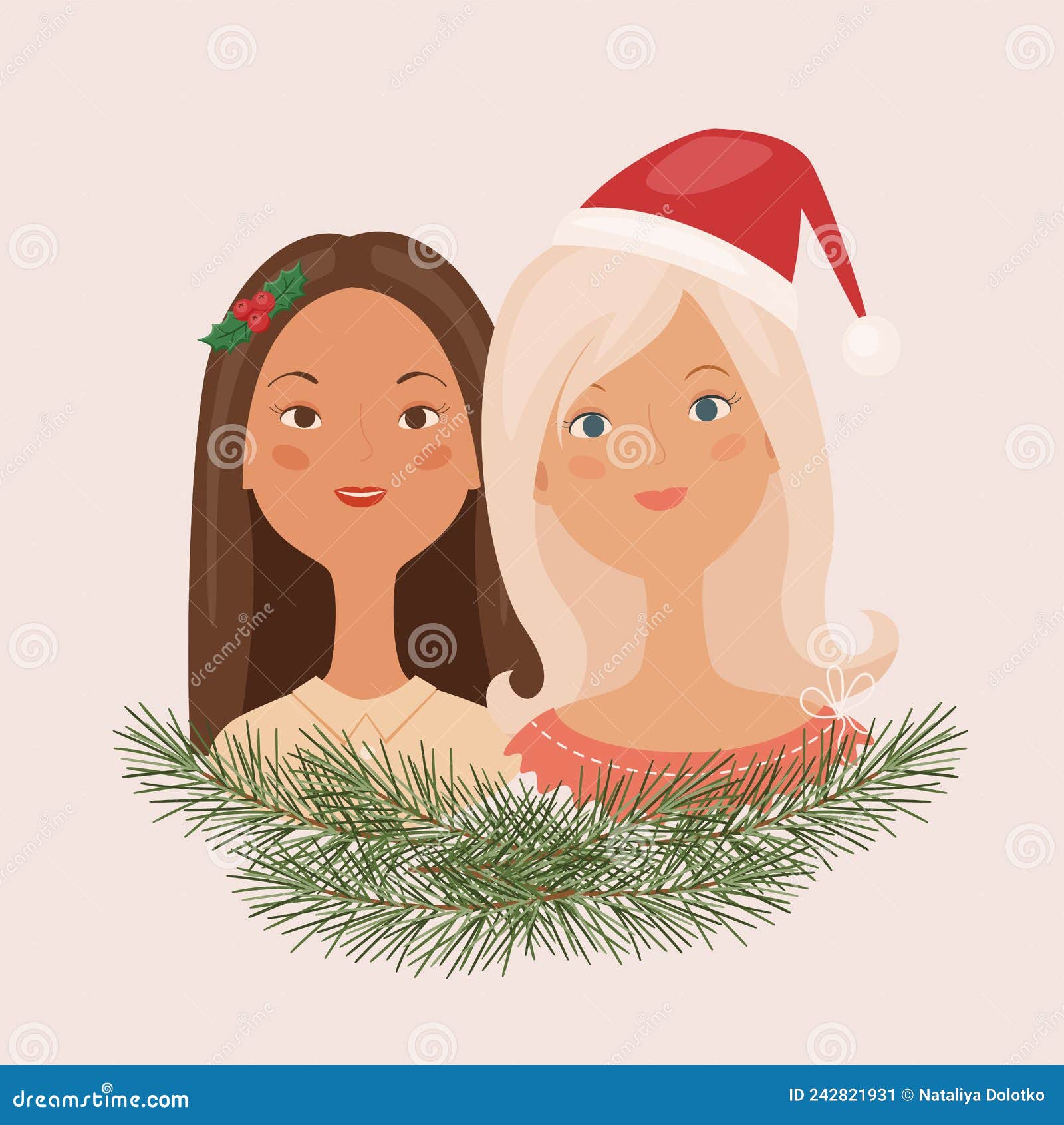 Portrait of Two Girls on Christmas. Vector Illustration. Stock Vector ...