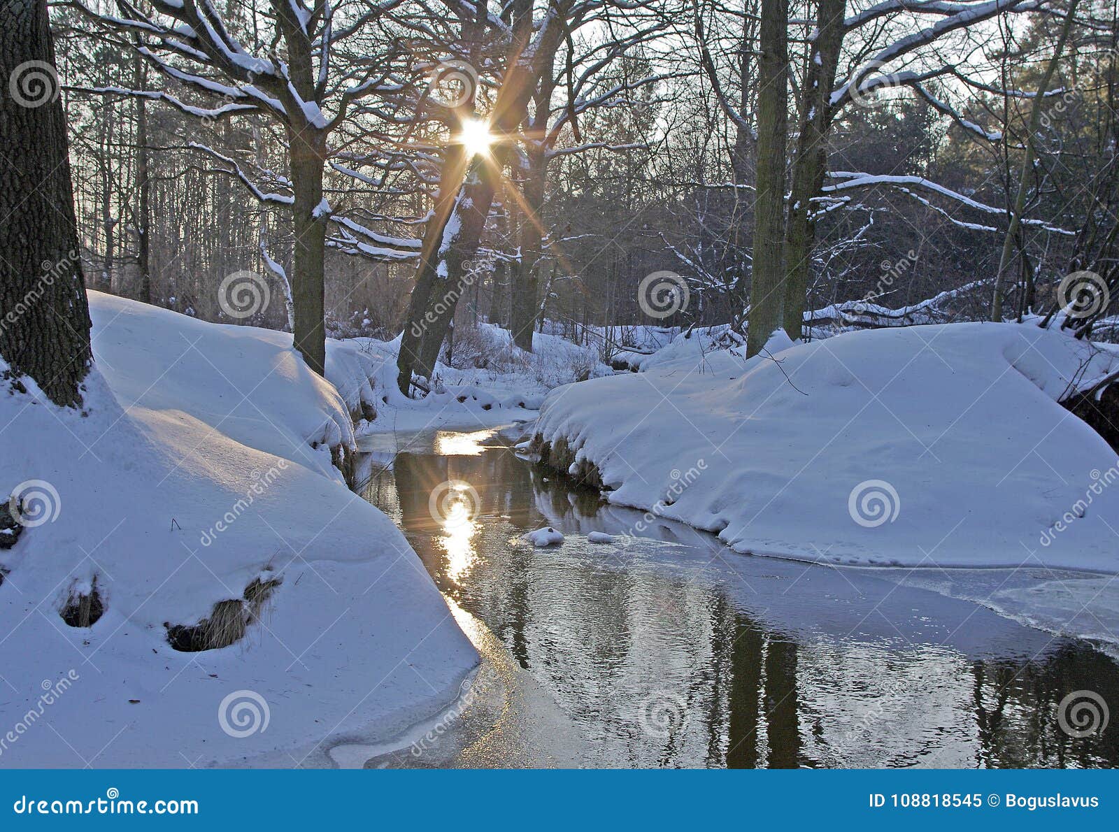 Winter over the stream. stock image. Image of trees - 108818545